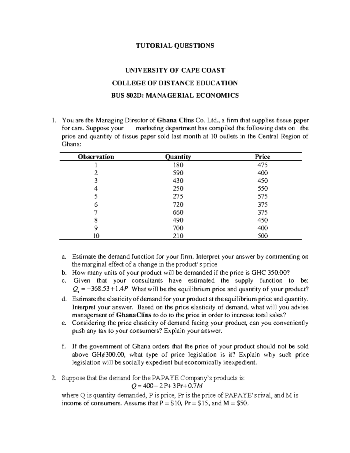 Tutorial Questions for managerial economics from the lecture notes ...
