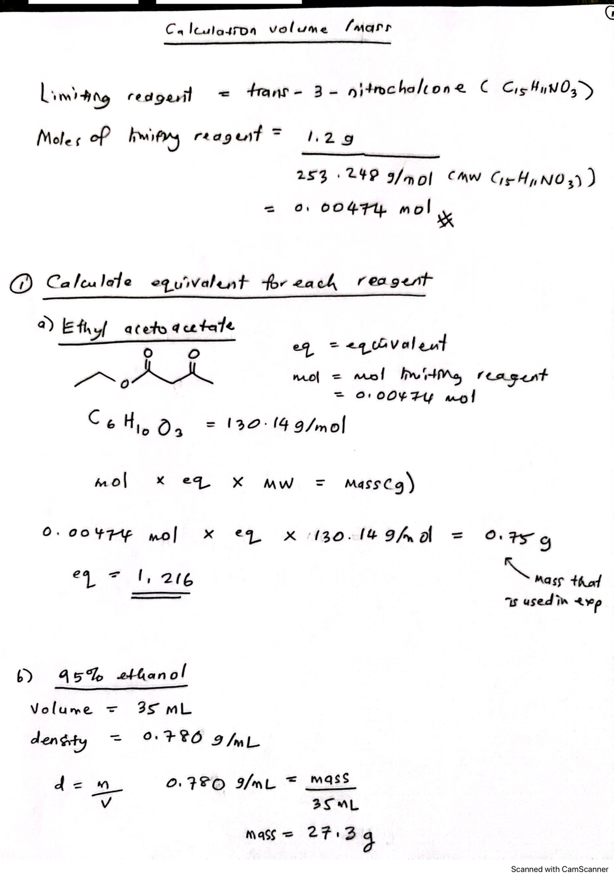 Calculation LAB CHM 624 - Calculation volume Limiting redgent 3 ...
