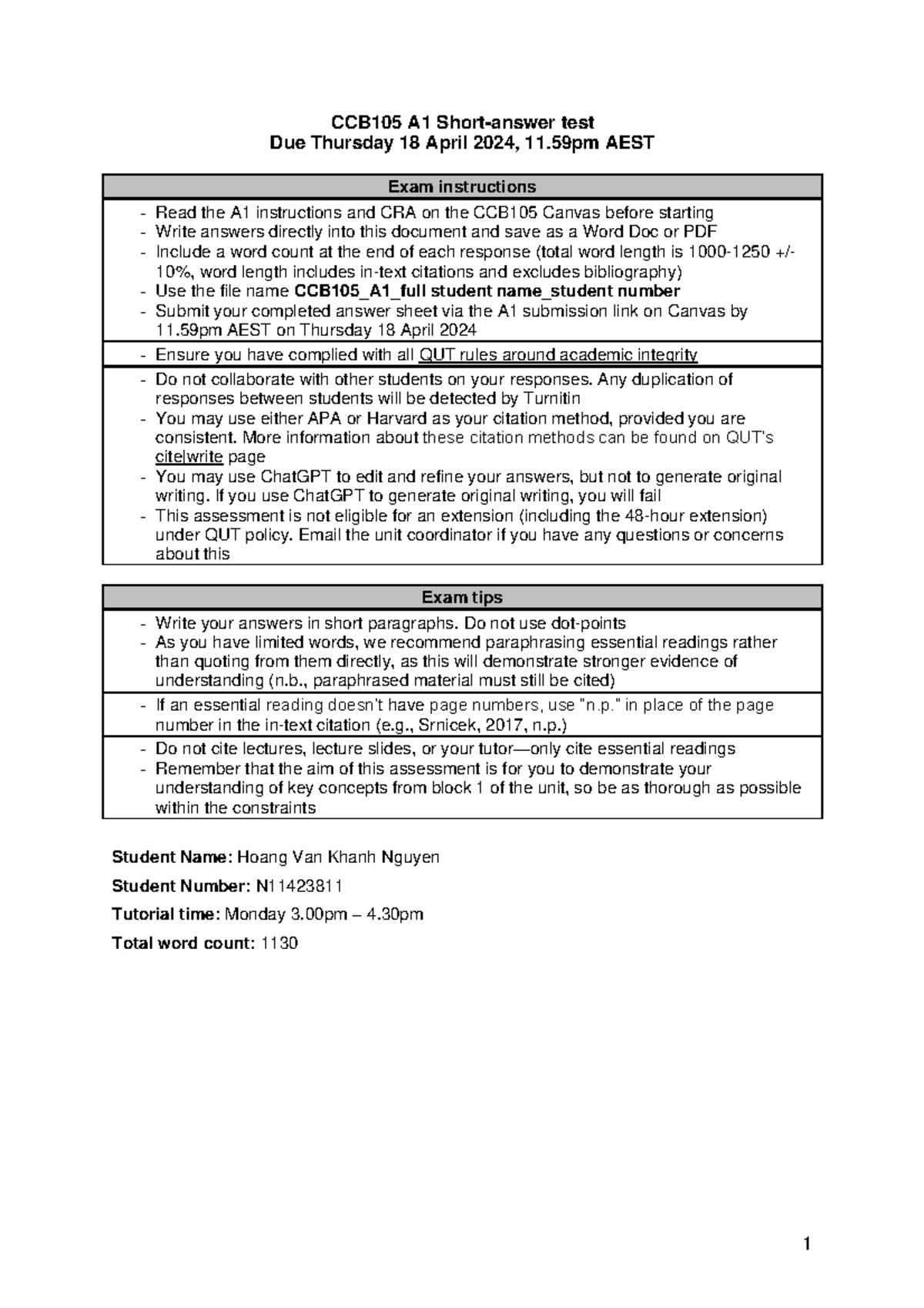 CCB105 A1 FEB 2024 - CCB 105 A1 Short-answer test Due Thursday 18 April ...