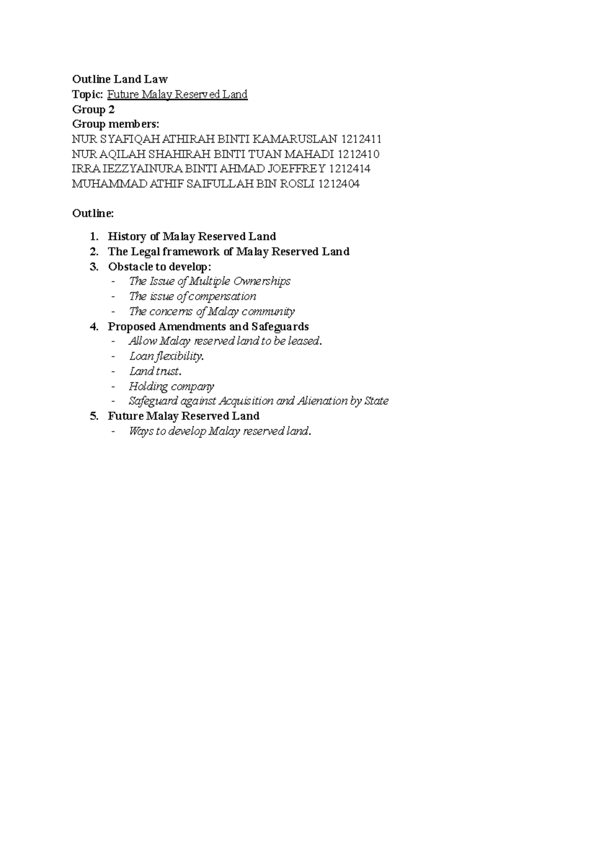 Outline Land Law ( Future Malay Reserved LAND) - Outline Land Law Topic ...