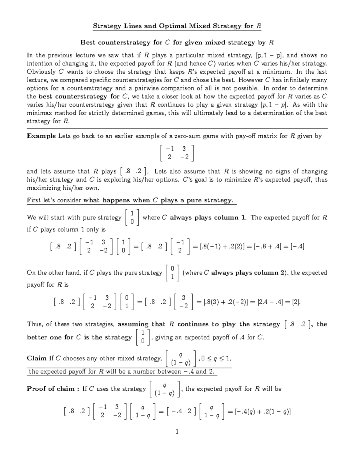 Lecture notes 28 - Strategy Lines - Strategy Lines and Optimal Mixed ...