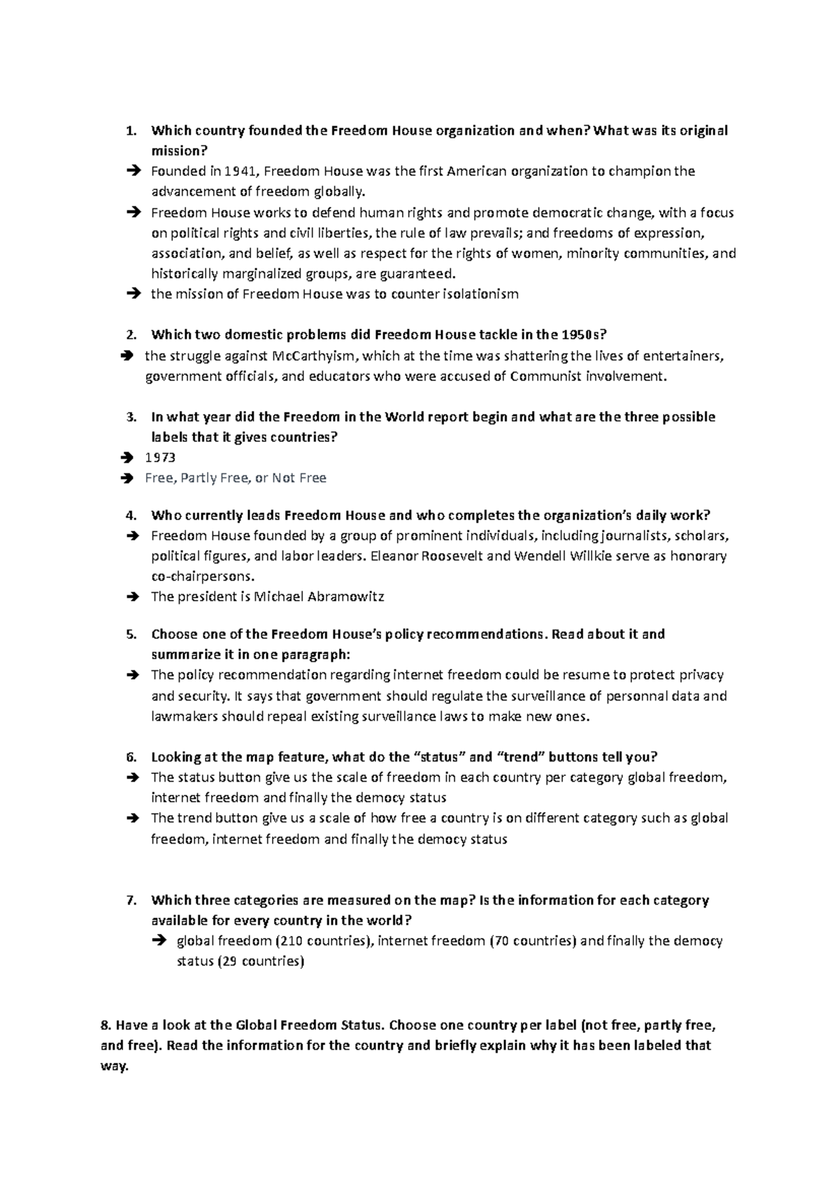 English class - 1. Which country founded the Freedom House organization ...