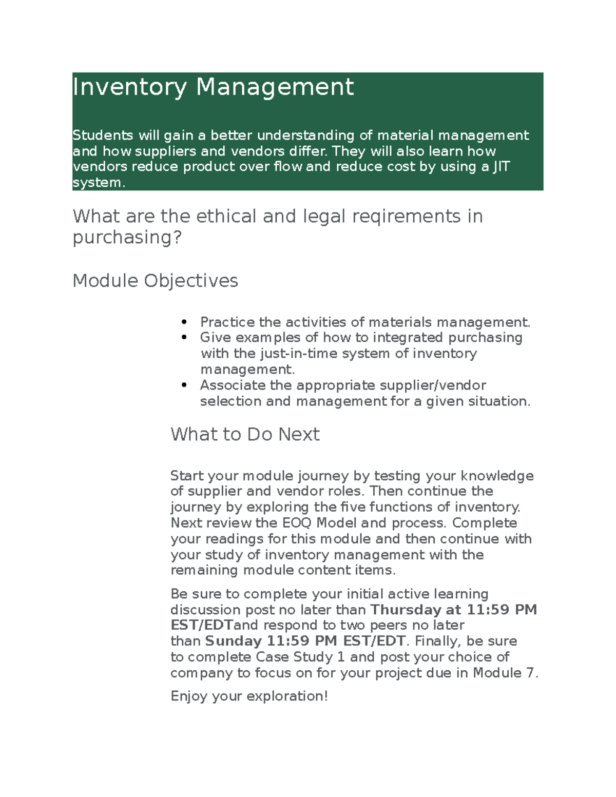 Mod Notes - Inventory Management Students will gain a better ...