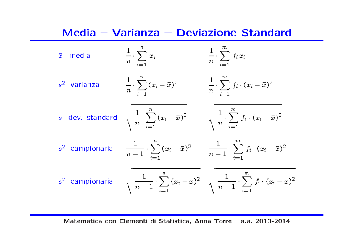Statistica formule + esercitazioni - Media – Varianza – Deviazione ...