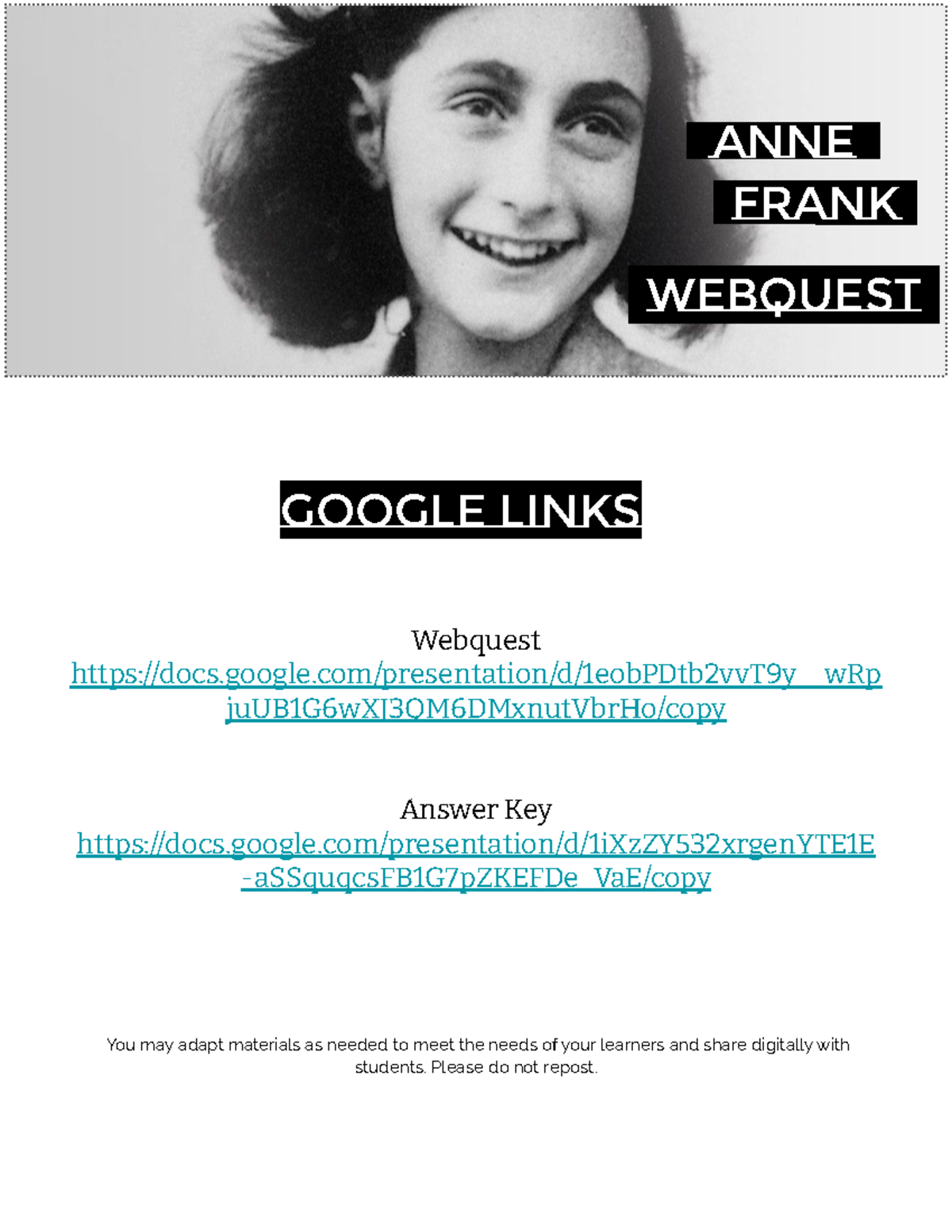 Anne Frank Webquest Google Link - Inglés I - Anne Frank webquest Google ...