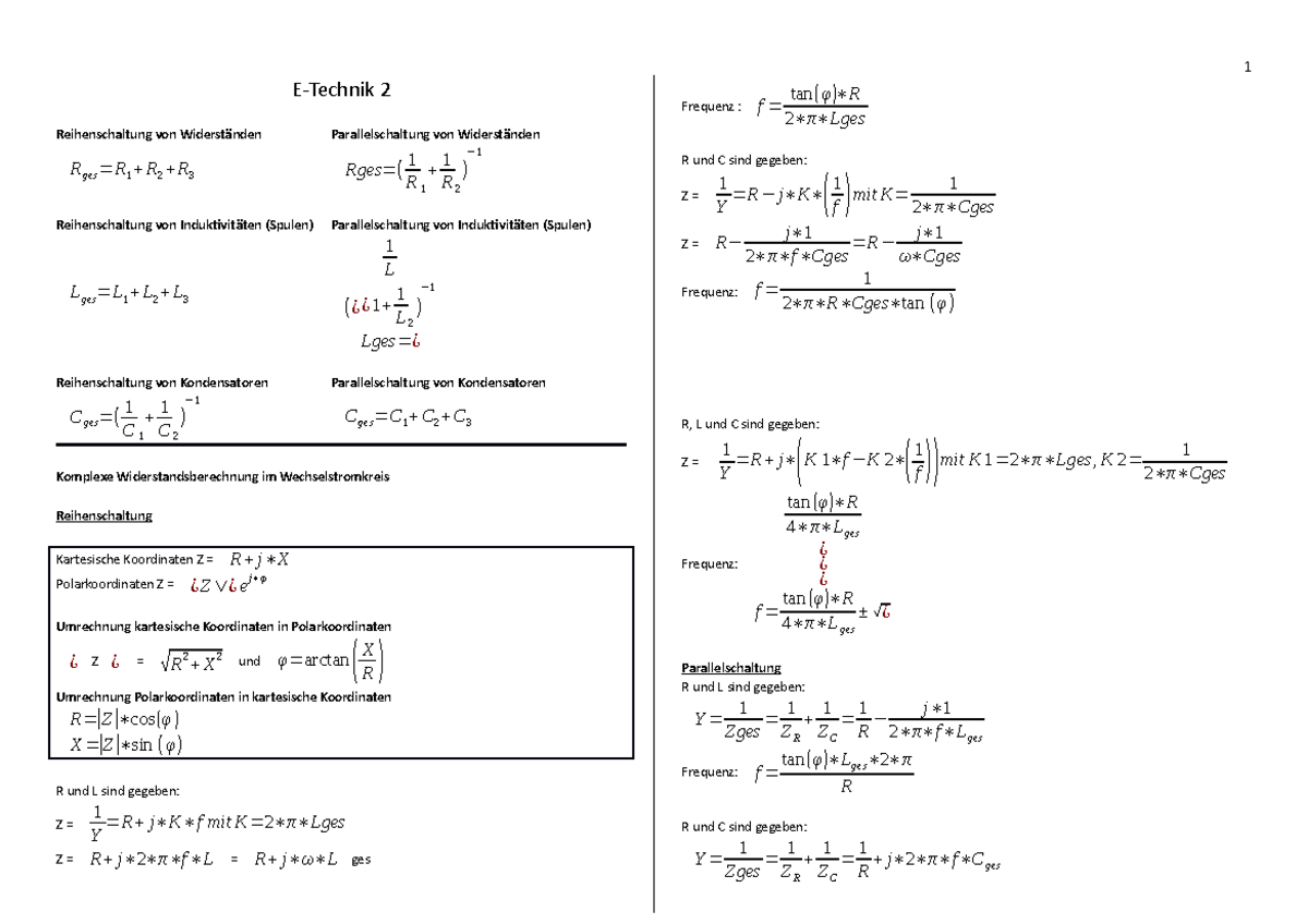 E-Technik 2 Formelsammlung - E-Technik 2 Reihenschaltung von ...