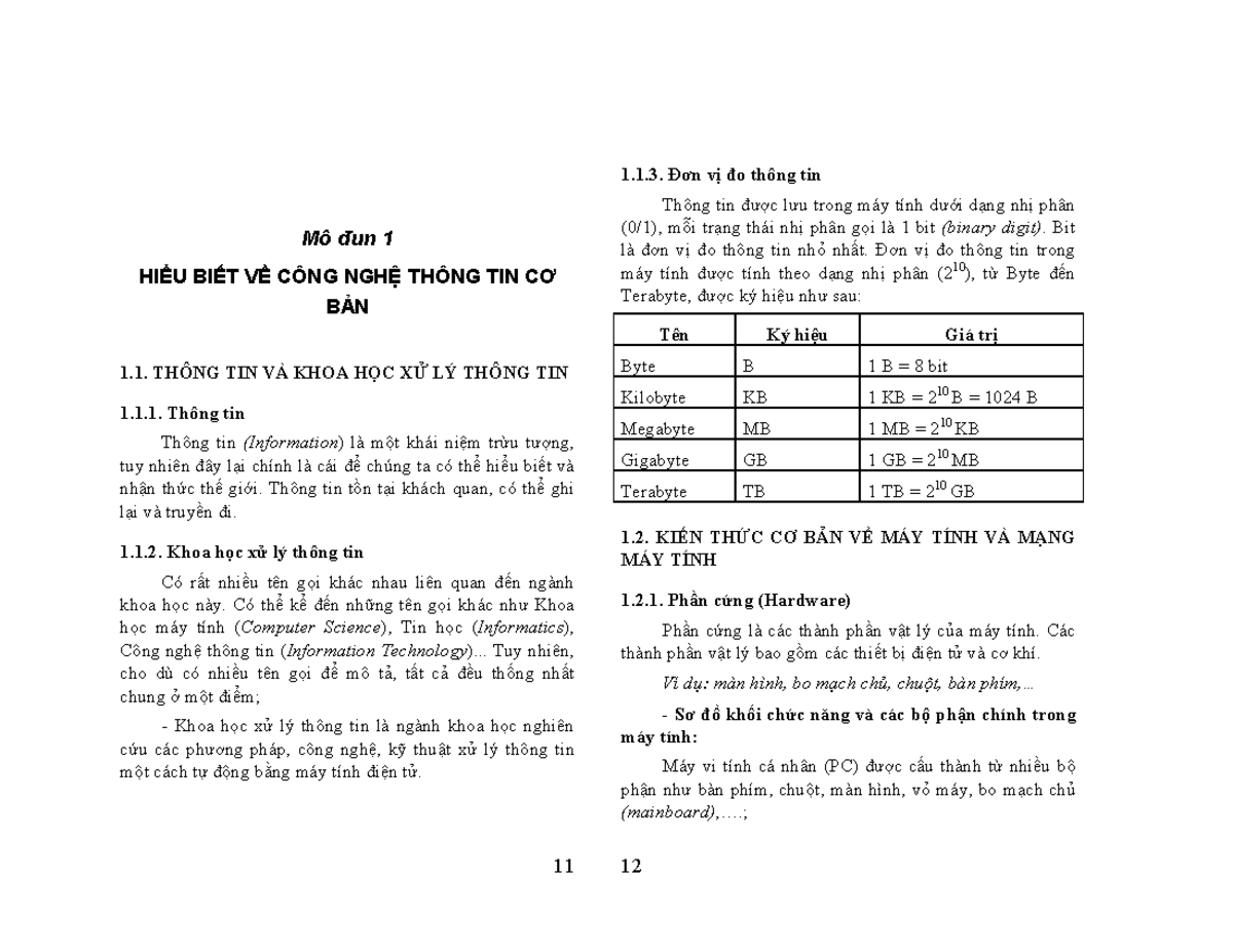 Tai lieu mon Tin hoc - Mô đun 1 HIỂU BIẾT VỀ CÔNG NGHỆ THÔNG TIN CƠ BẢN 1. THÔNG TIN VÀ KHOA HỌC ...