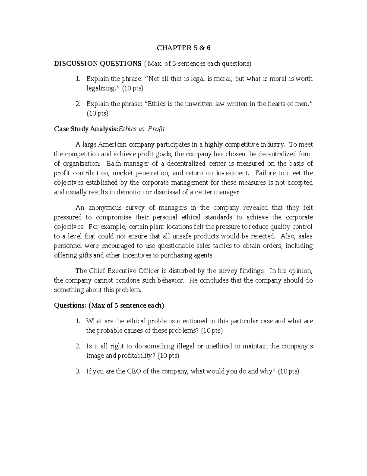 Govbusman CH. 5 & 6 - Ethics - CHAPTER 5 & 6 DISCUSSION QUESTIONS ( Max ...