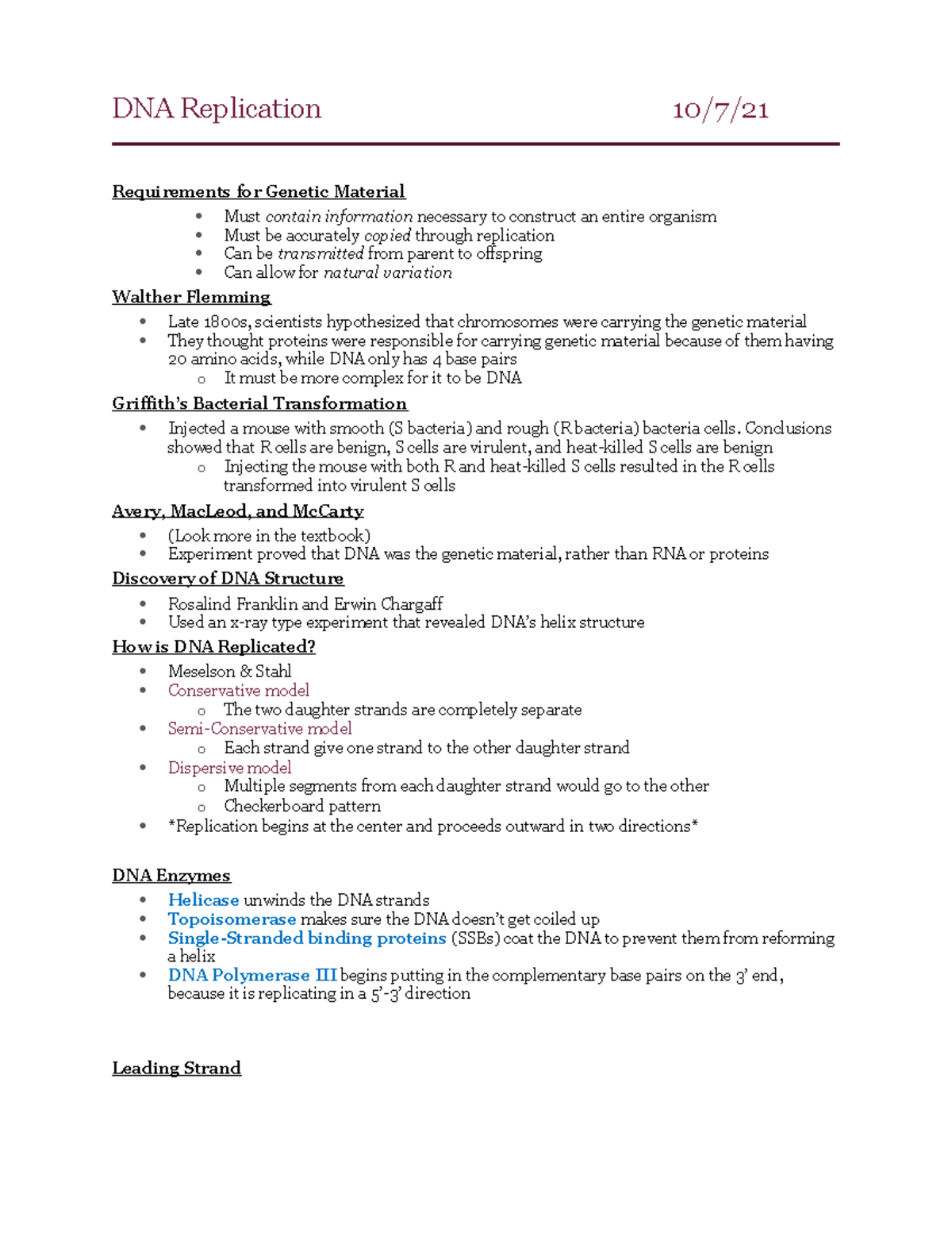 Unit 3 Biology Notes - DNA Replication 10/7/ Requirements for Genetic ...