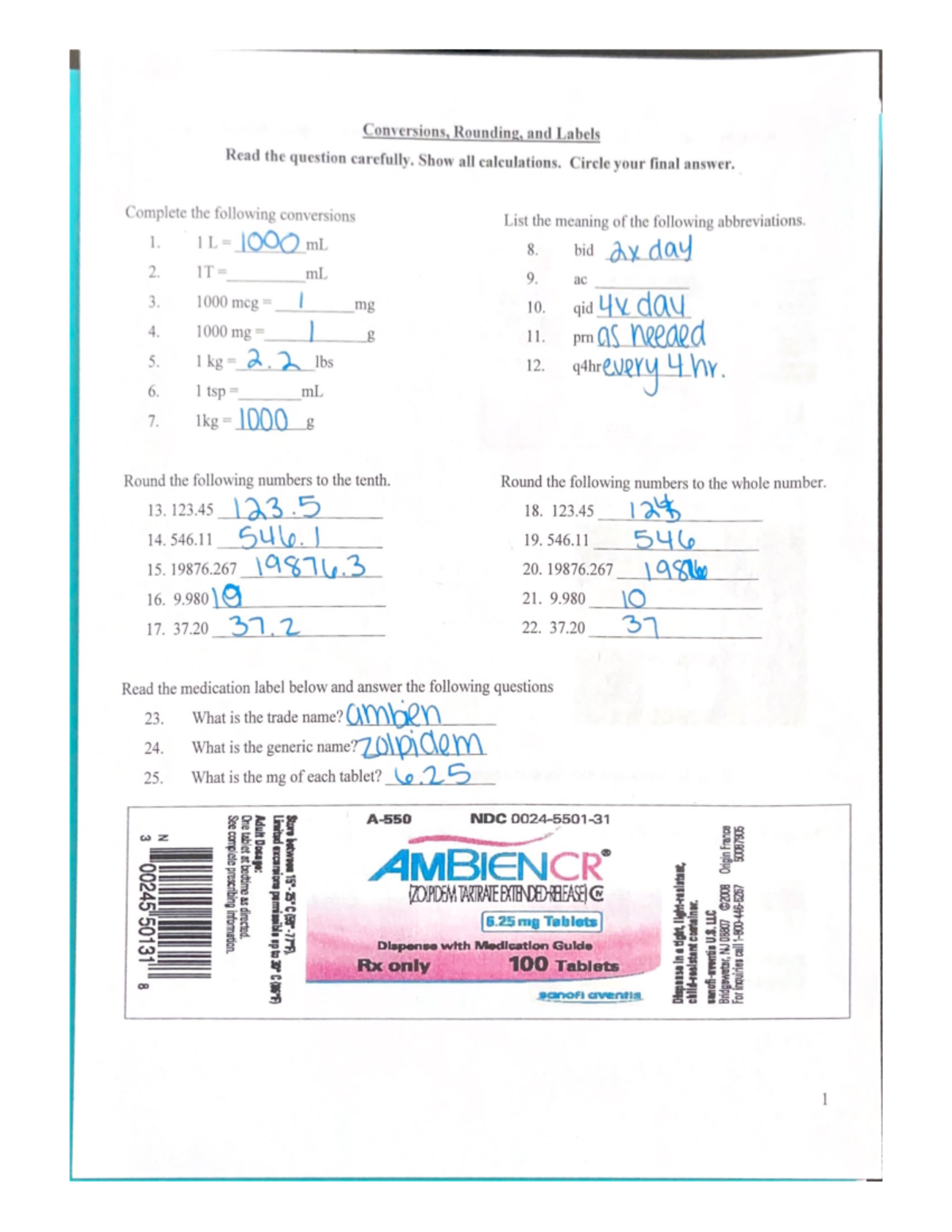 Conversions, Rounding, and Labels - Show all calculations. Circle your ...