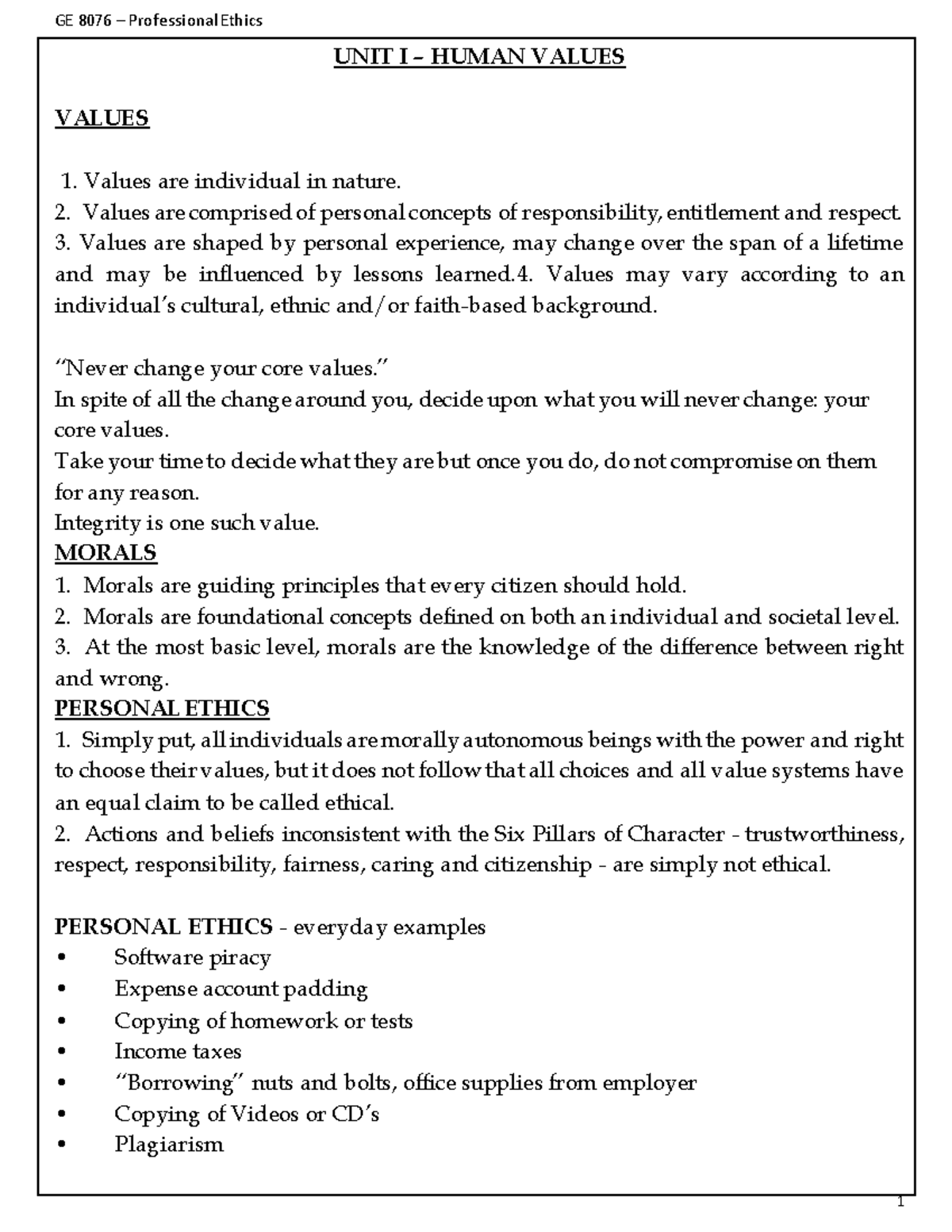 101060 - UNIT I – HUMAN VALUES VALUES Values are individual in nature ...