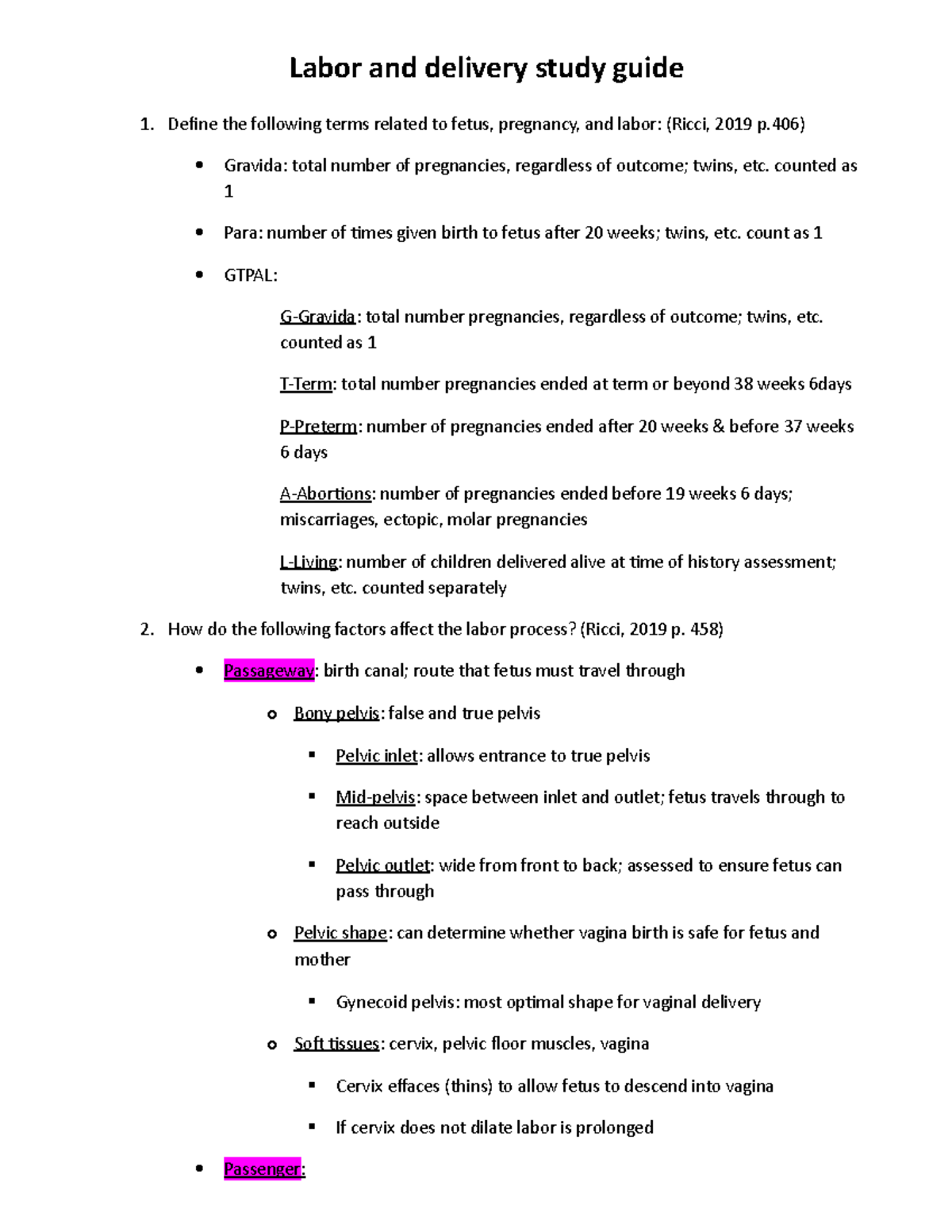 Labor and Delivery study guide - Define the following terms related to ...