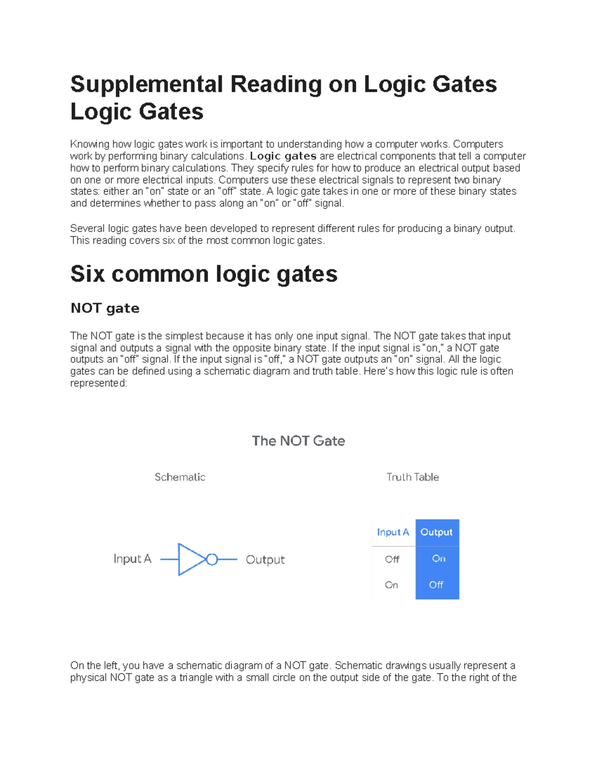 Supplemental Reading on Logic Gates - Computers work by performing ...