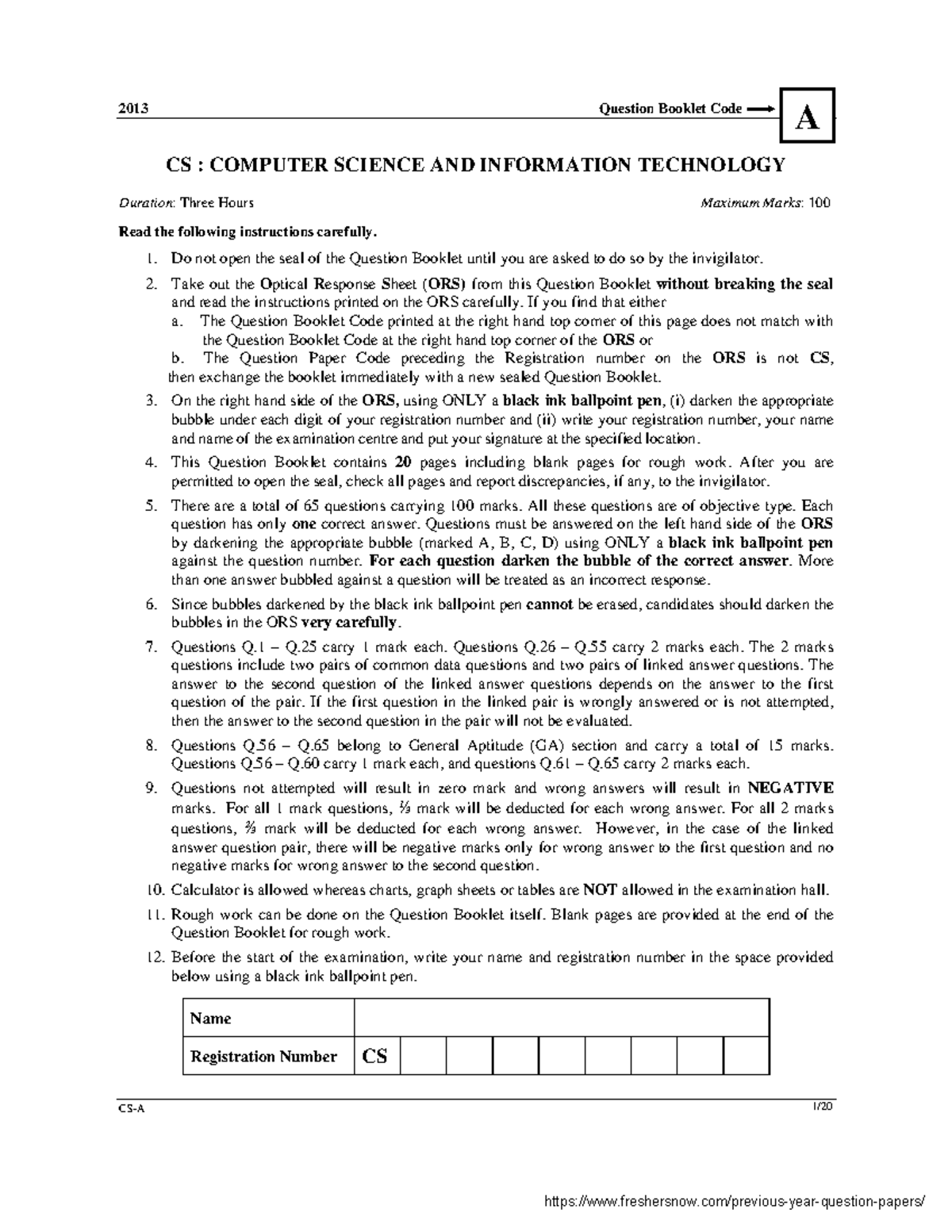 HAL Computer Science Model Paper - 2013 Question Booklet Code CS-A 1/ ...