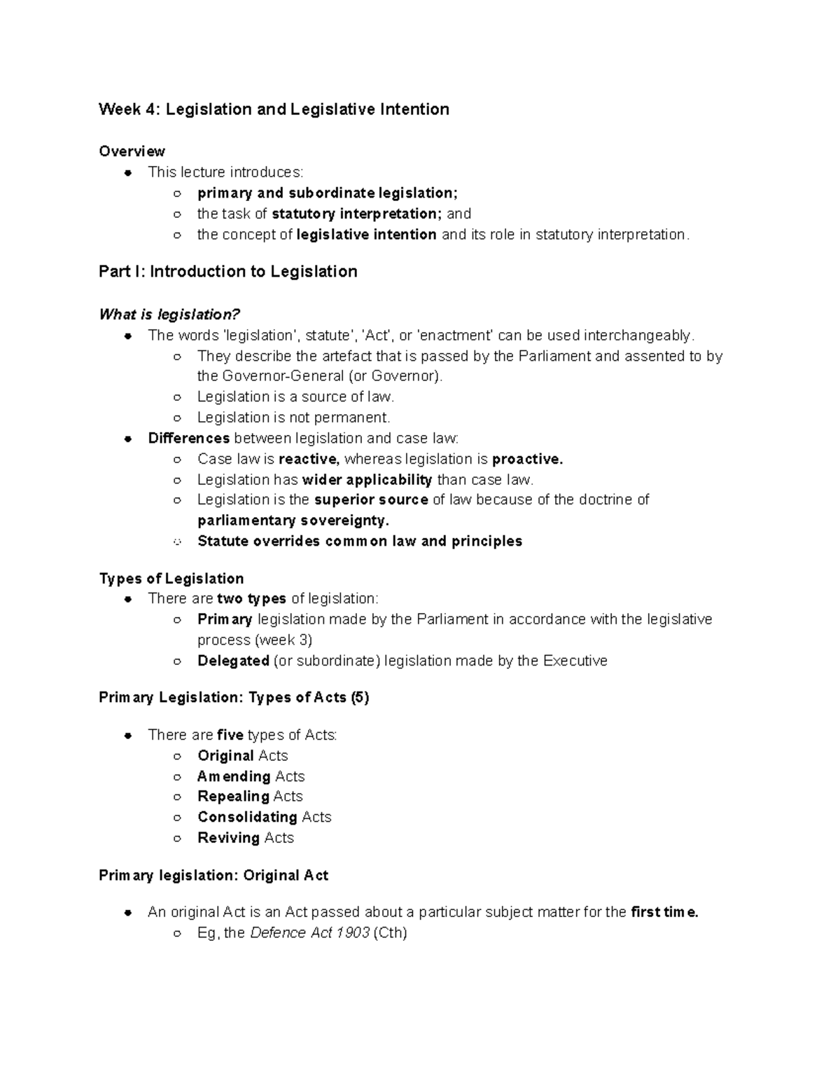 Week 4 Lecture Legislation and Legislative Intention - Week 4 ...