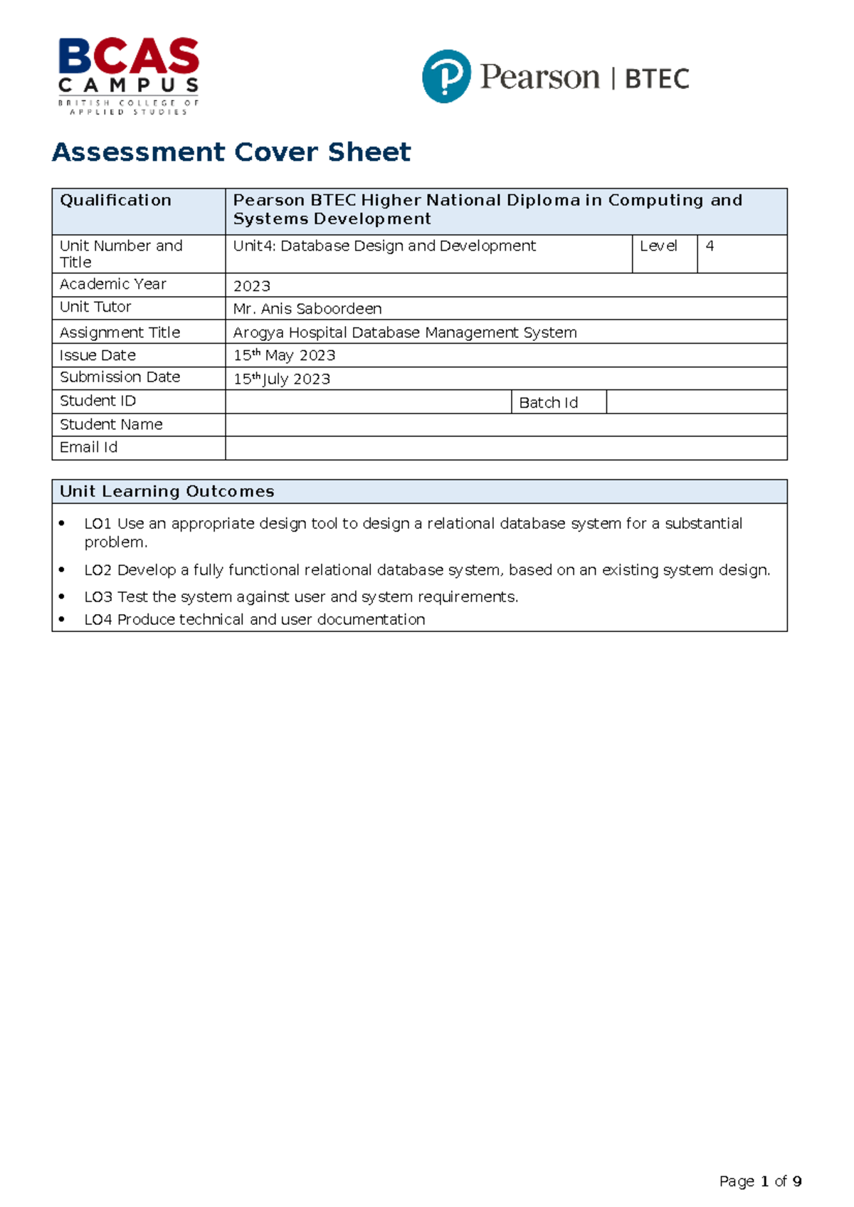 Unit 4-DDD-Assignment Brief-2023 - Assessment Cover Sheet Qualification Pearson BTEC Higher ...