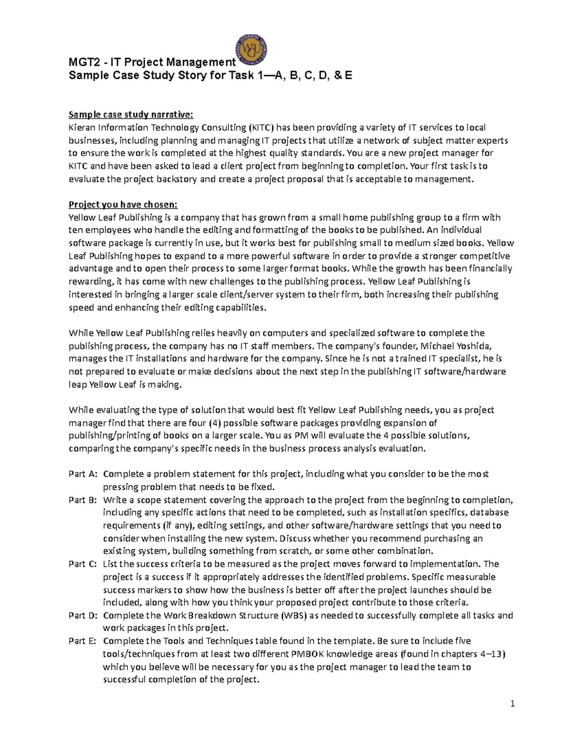 Mgt2 task1 samplecasestudy - MGT2 - IT Project Management Sample Case ...