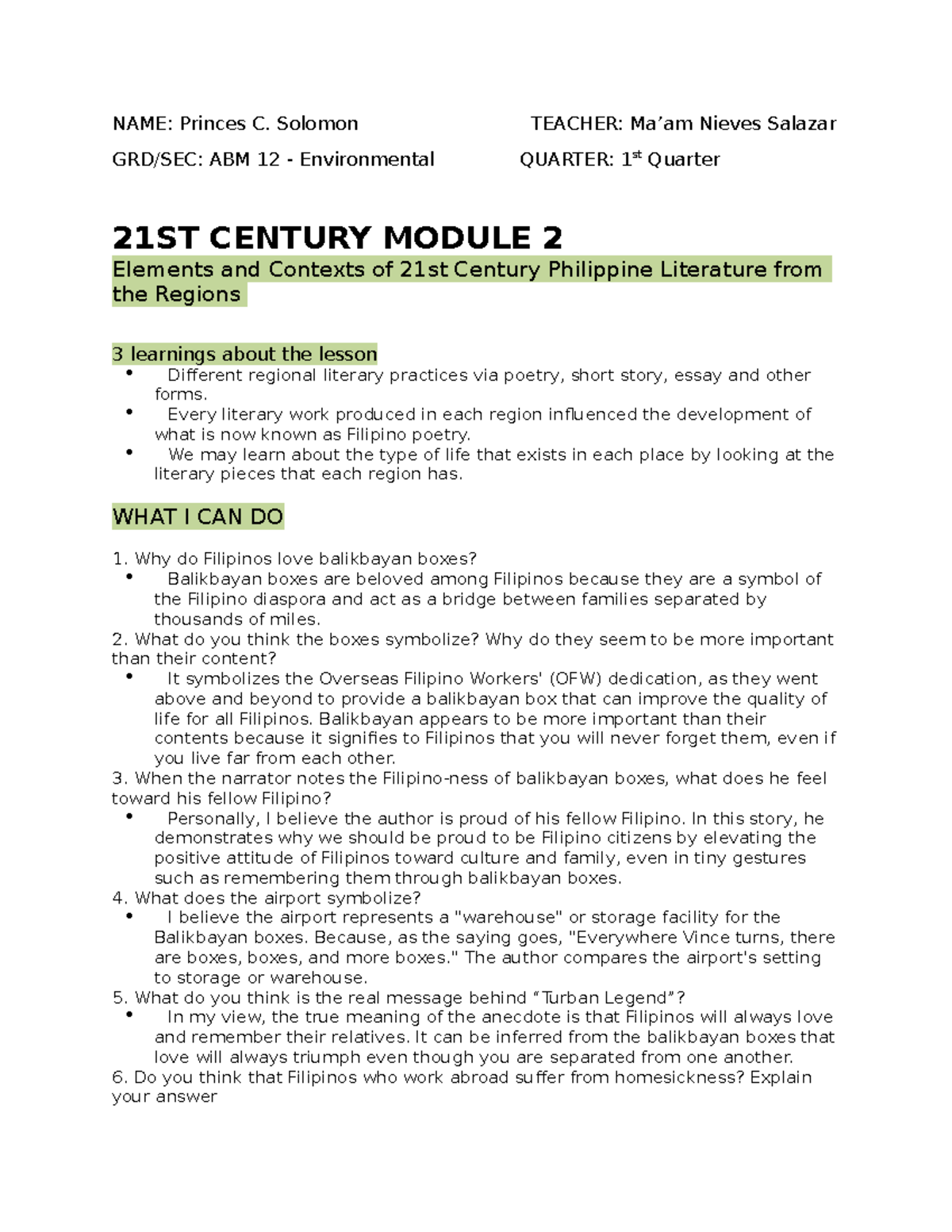 21ST Century Module 2 - NAME: Princes C. Solomon TEACHER: Ma’am Nieves ...