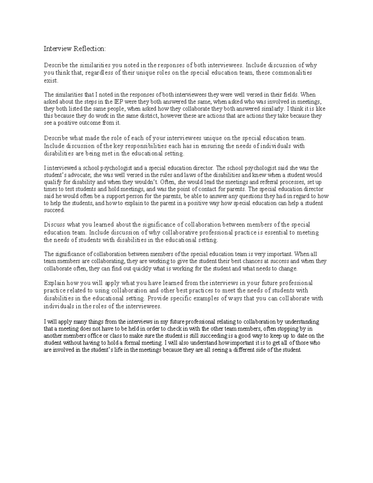 Interview Reflection - Interview Reflection: Describe the similarities ...