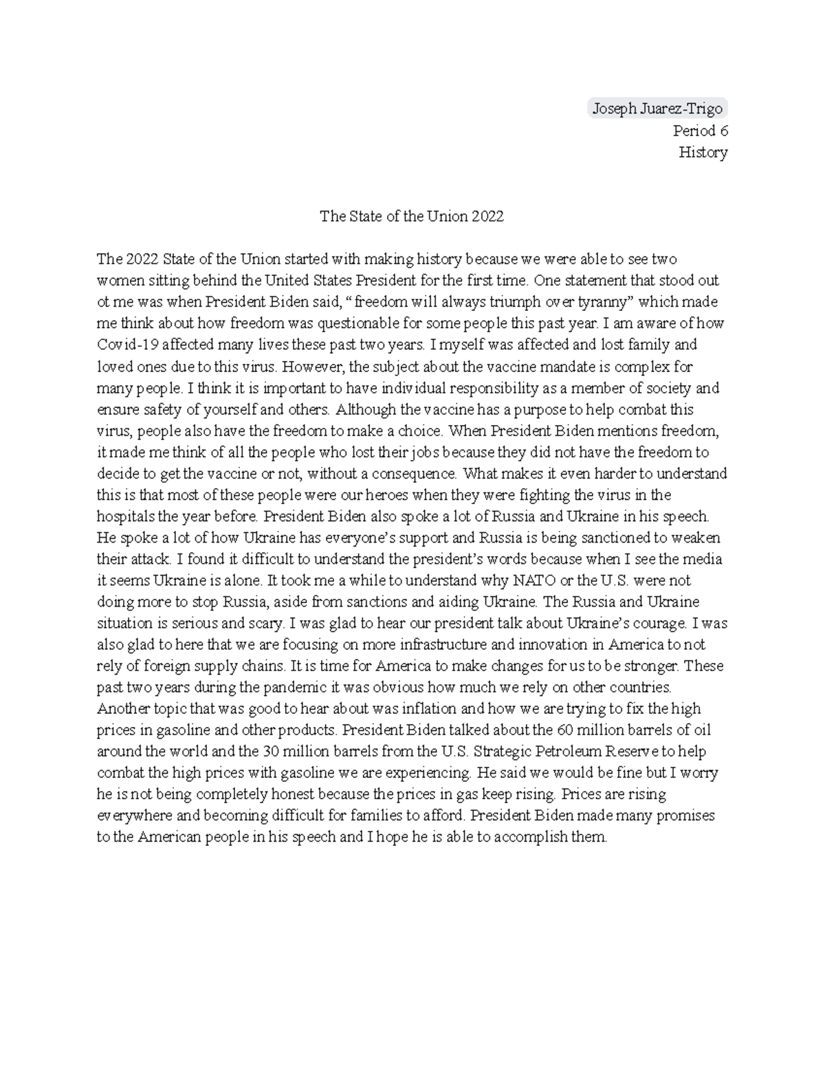 State of the Union extra credit - Joseph Juarez-Trigo Period 6 History ...