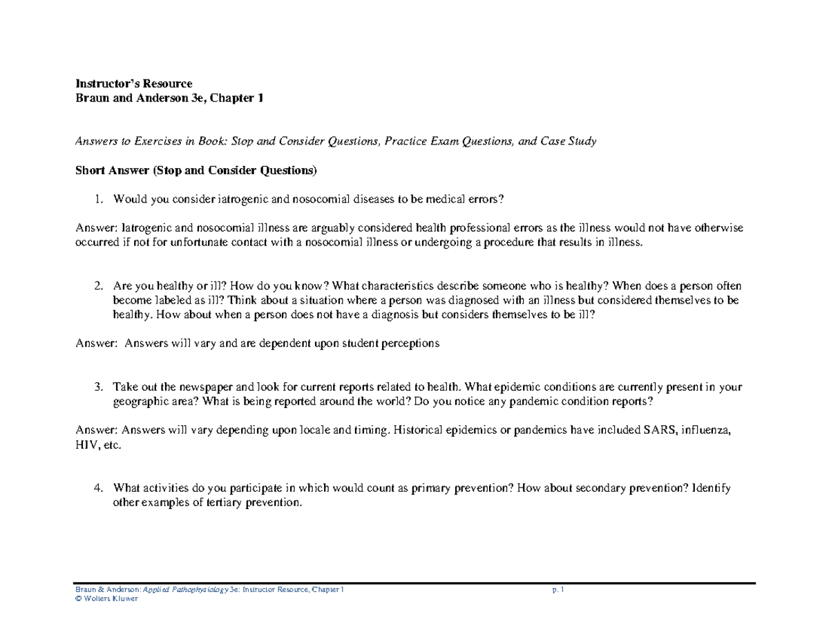 Answer Key Chapter 1 - paper for pathophysiology - Braun & Anderson ...