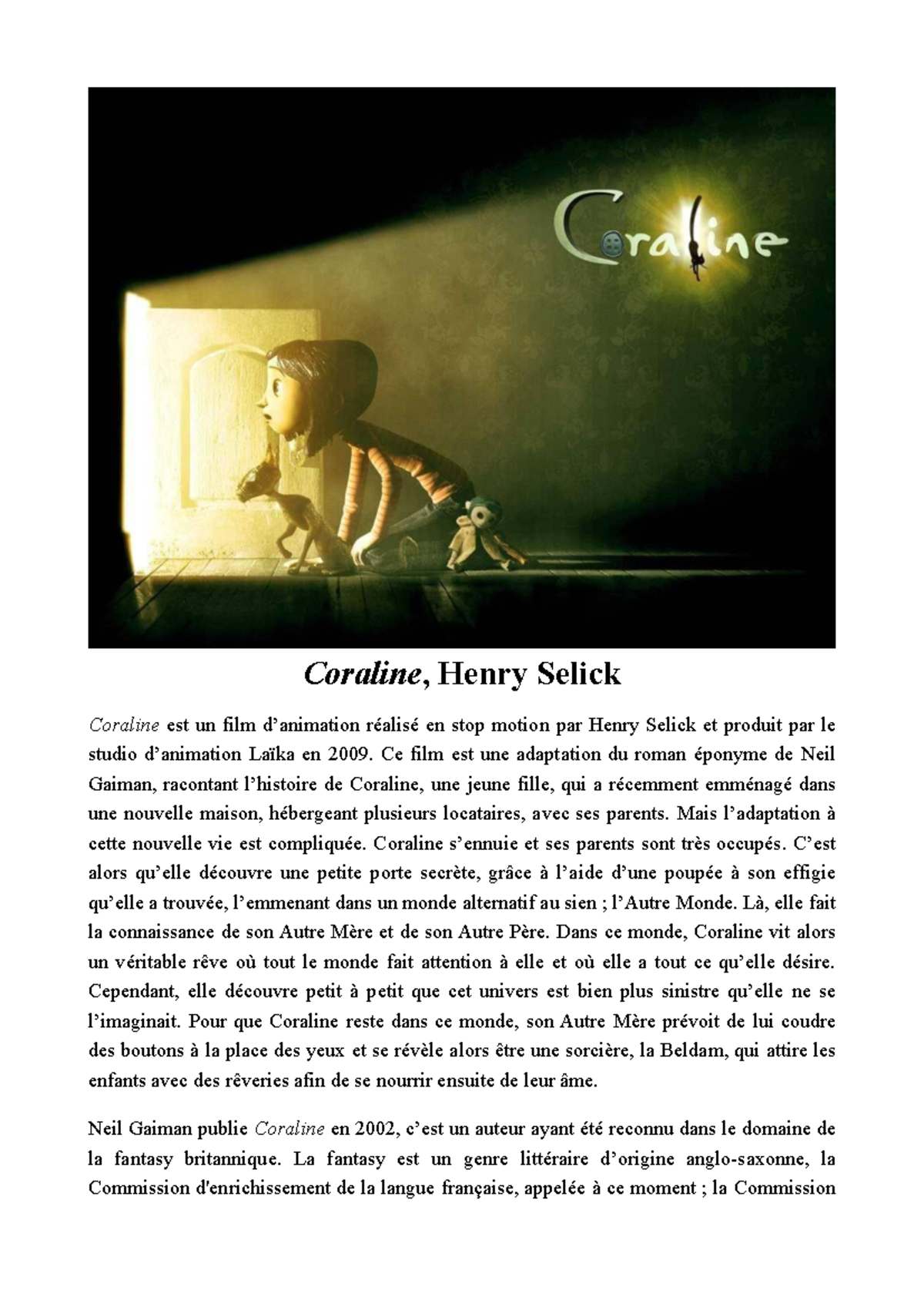 Exemple de commentaire - Coraline, Henry Selick Coraline est un film d ...