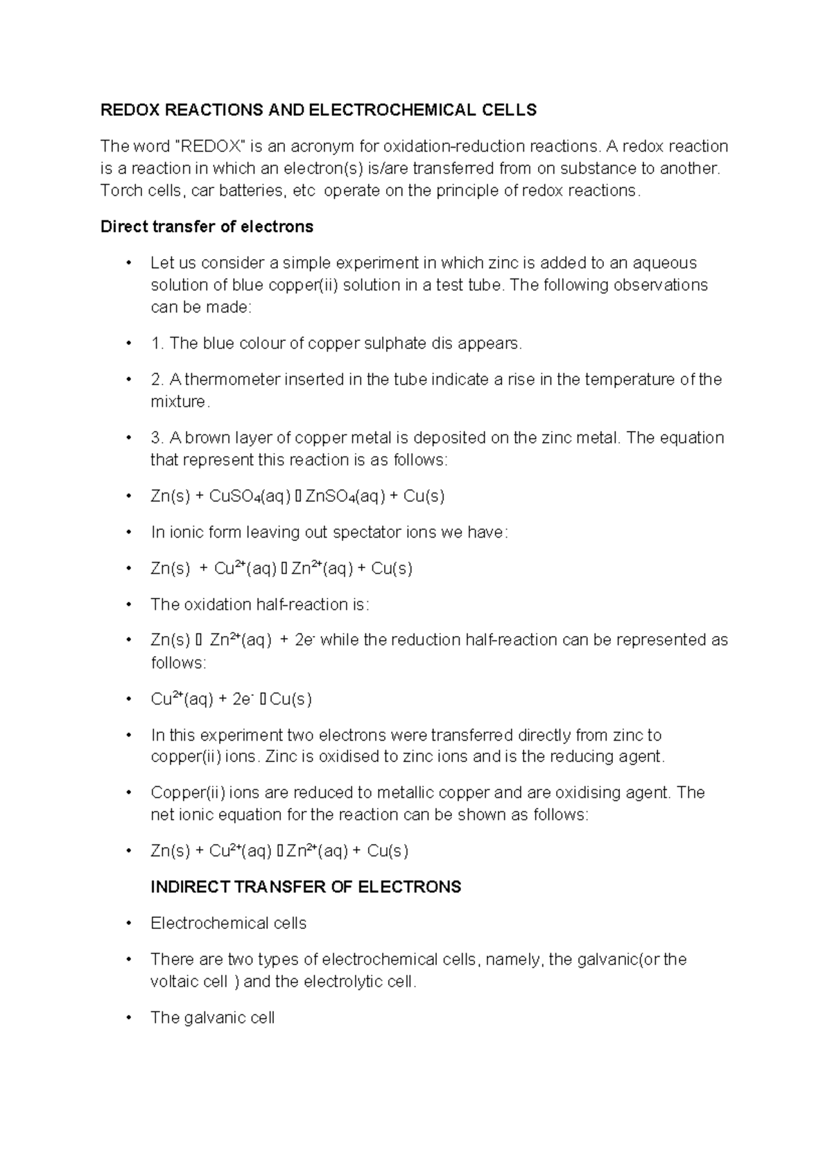 Redox Reactions AND Electrochemical Cells - REDOX REACTIONS AND ...