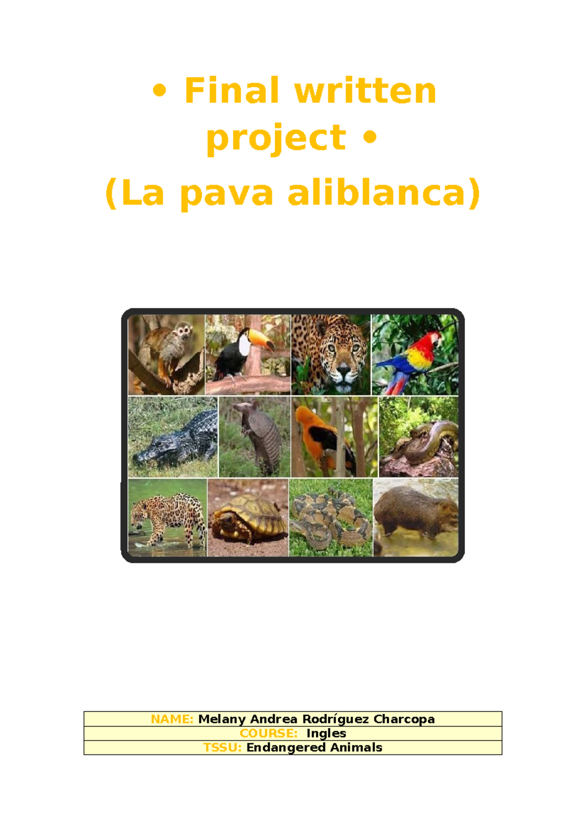 La pava alibaba - • Final written project • (La pava aliblanca) NAME ...