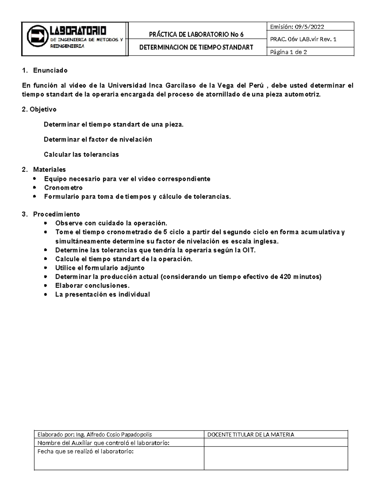 Guia 6 Toma de tiempos - Guía de practica 6 de métodos - PRÁCTICA DE LABORATORIO No 6 Emisión ...
