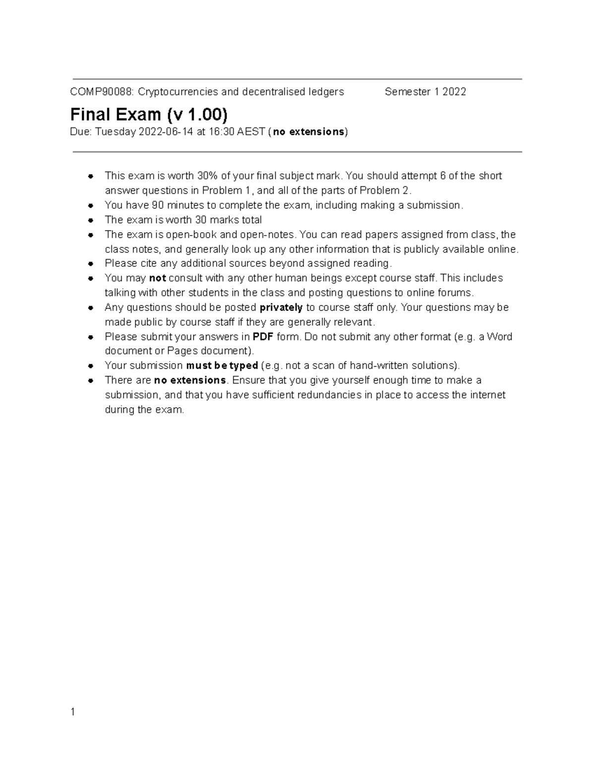 COMP 90088 Final Exam 2022 - COMP90088: Cryptocurrencies and decentralised ledgers Semester 1 ...