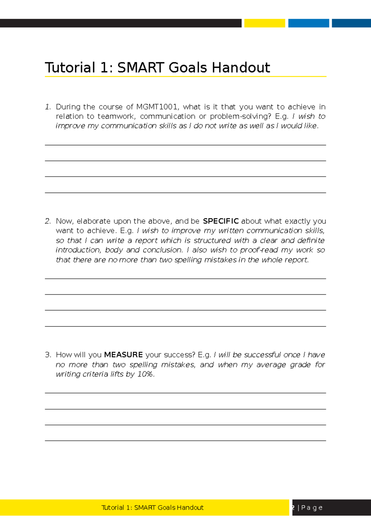 Tutorial 1 Smart Goals Handout v1 - Tutorial 1: SMART Goals Handout 1 ...