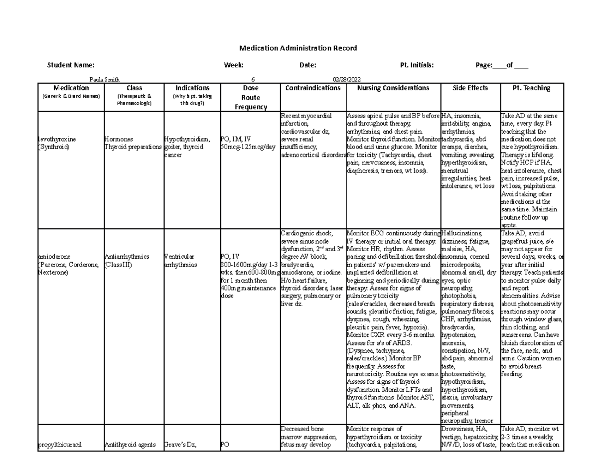 Week 6 med worksheet - Paula Smith 6 02/28/ Medication (Generic & Brand ...