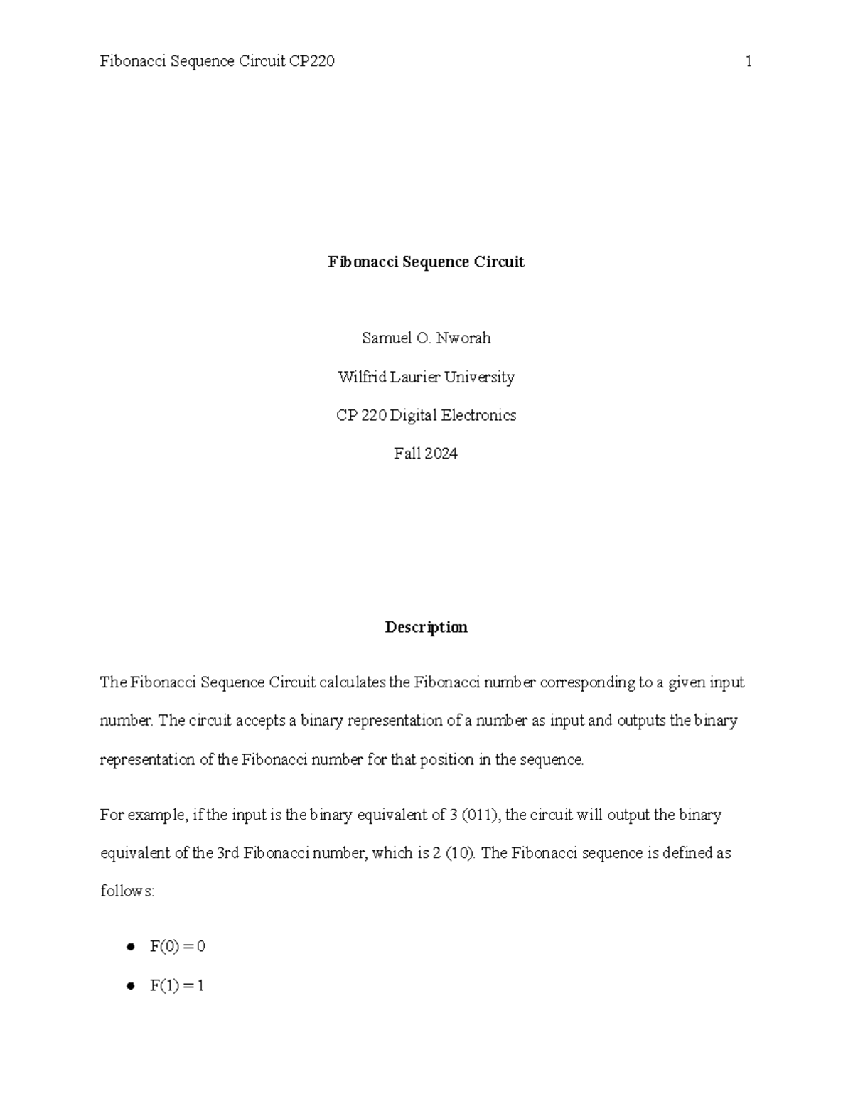 Fibonacci Sequence Circuit CP220 - Nworah Wilfrid Laurier University CP ...