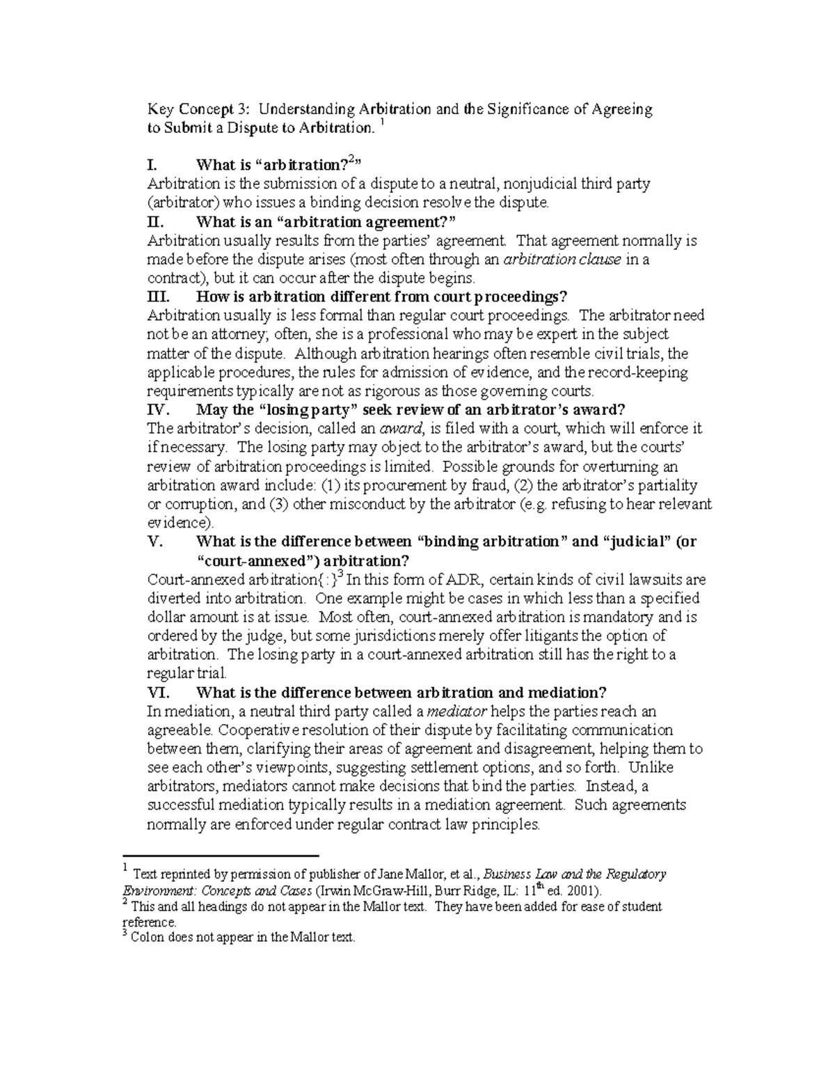 Business law tutorial notes on arbitration - Key Concept 3 ...