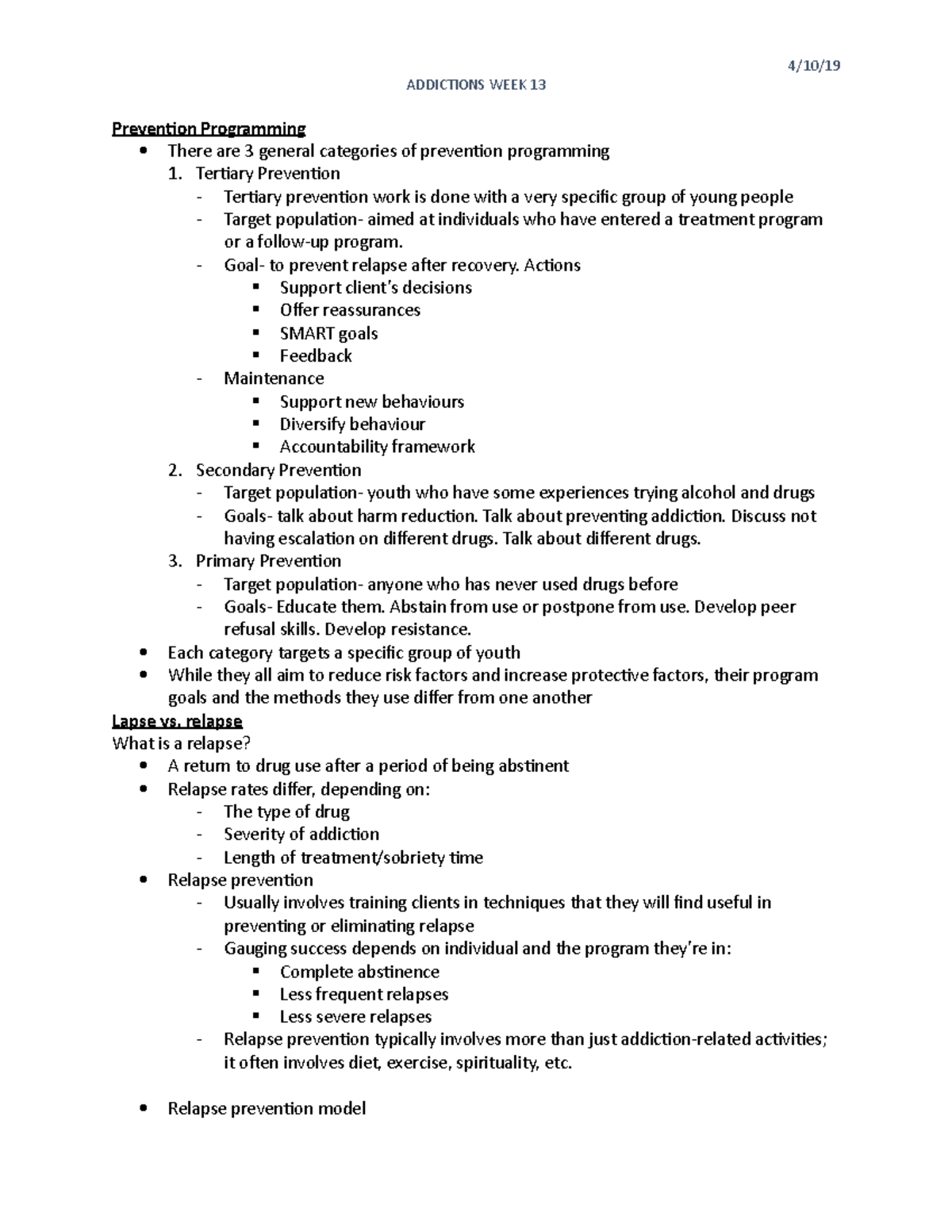Prevention Programming - 4/10/ ADDICTIONS WEEK 13 Prevention ...