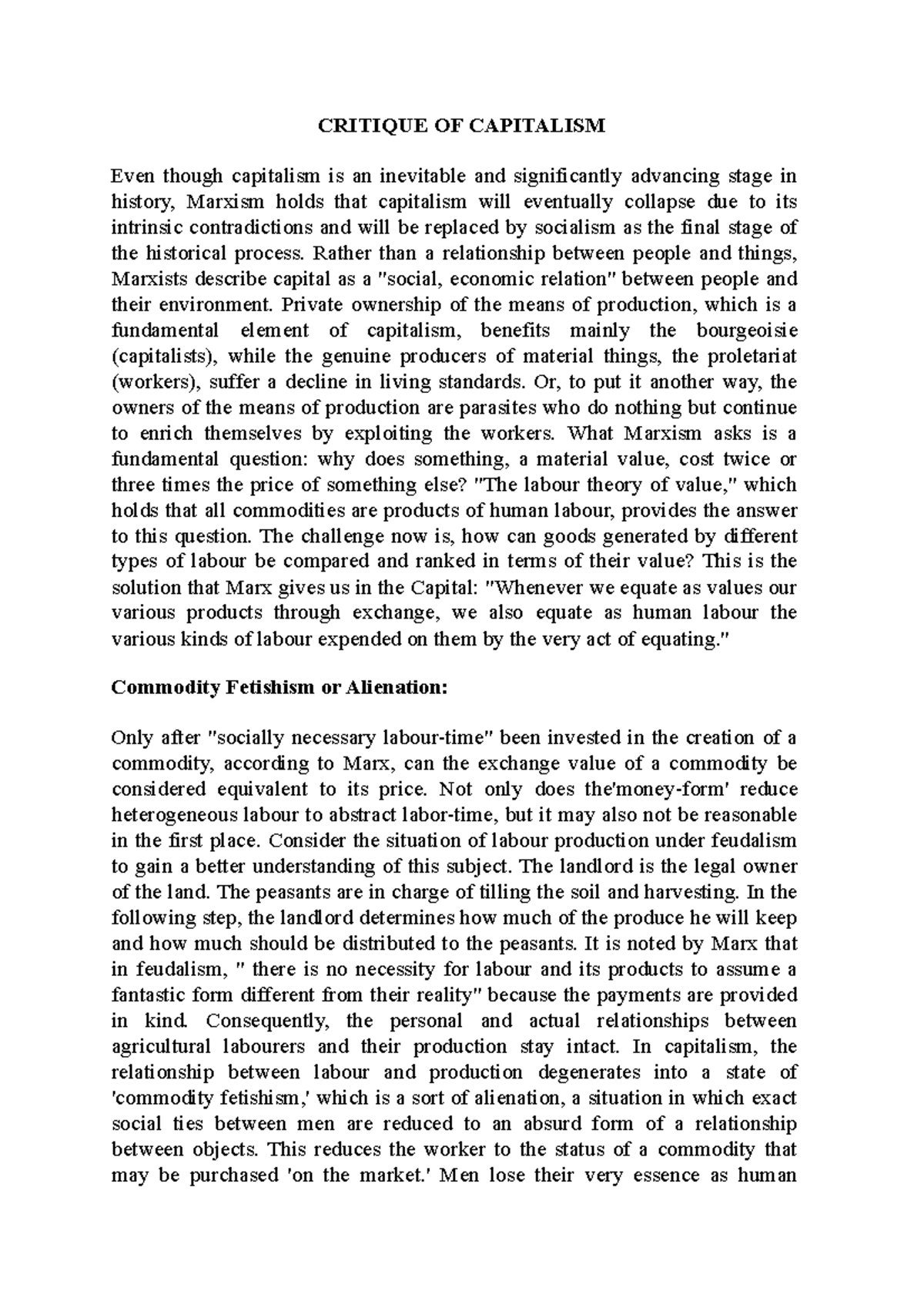 Critique OF Capitalism in the western political philosophy - CRITIQUE ...