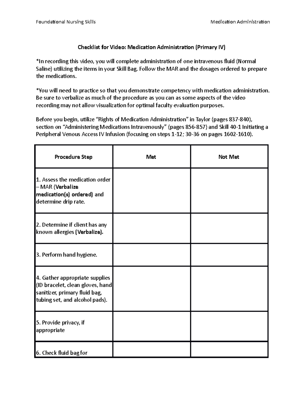 Checklist for Primary IV Video-2 - Checklist for Video: Medication ...