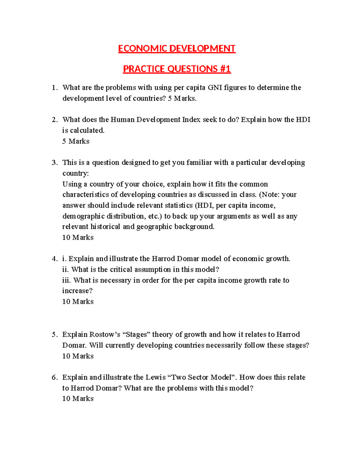 Assignment #1 - practice - ECONOMIC DEVELOPMENT PRACTICE QUESTIONS 1 ...