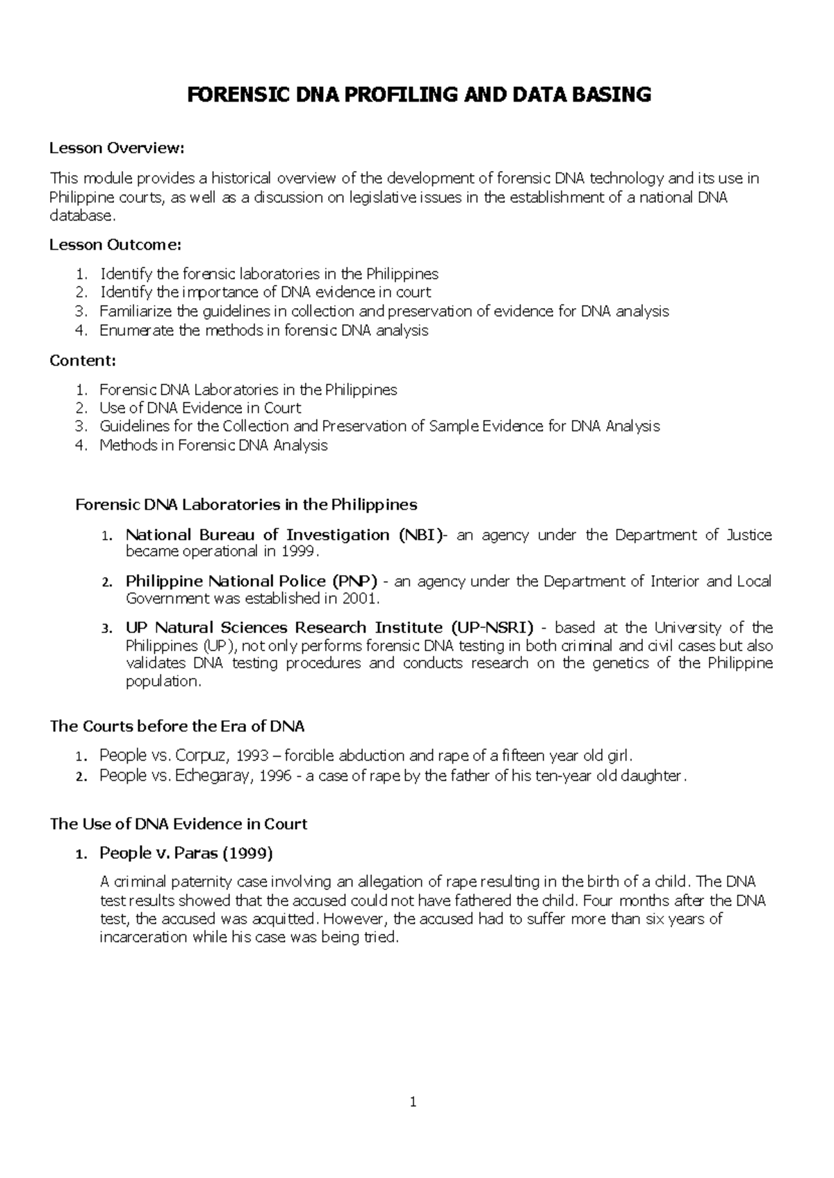 Unit-3 Lesson-6 - Notes for forensic - FORENSIC DNA PROFILING AND DATA ...