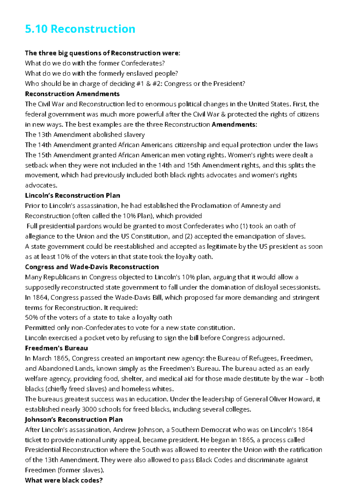 Uzsh un2 - 5 Reconstruction The three big questions of Reconstruction ...