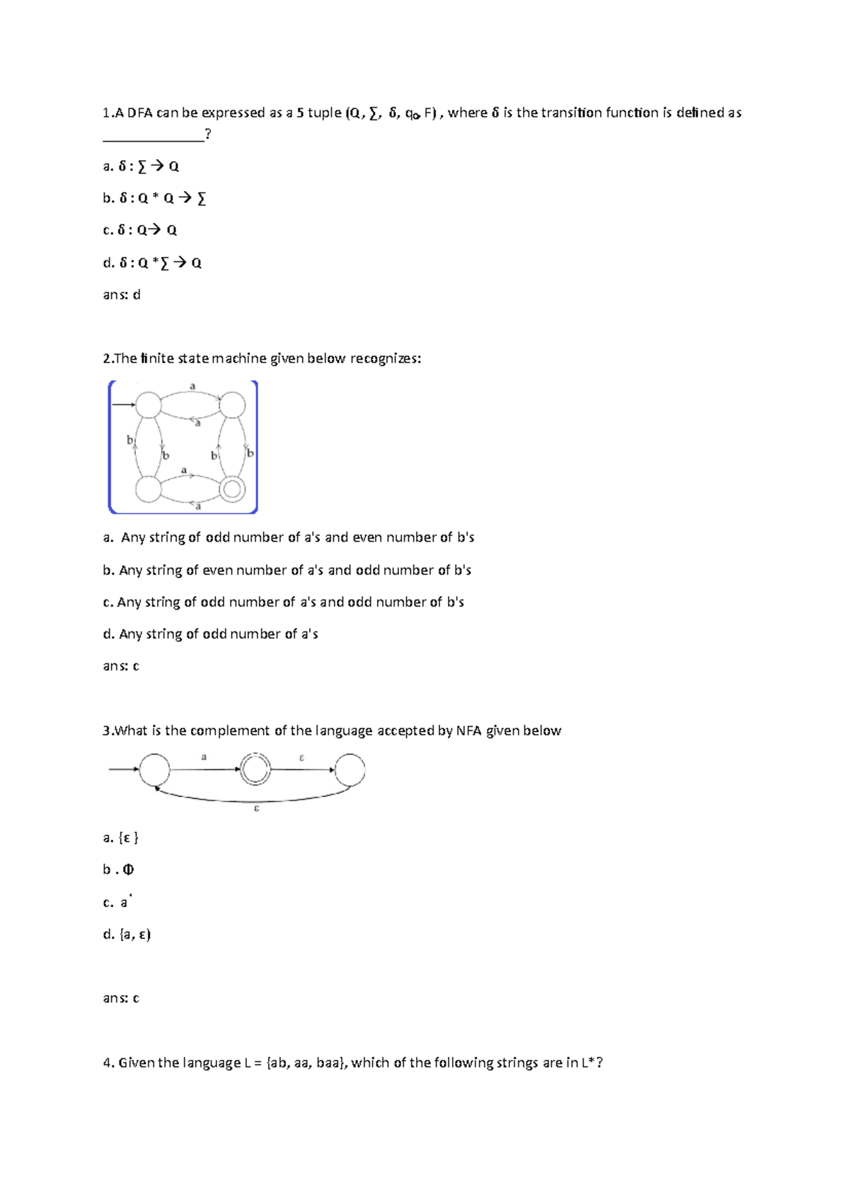 Toc mcq - Lecture notes Mcq - 1 DFA can be expressed as a 5 tuple (Q, ∑ ...