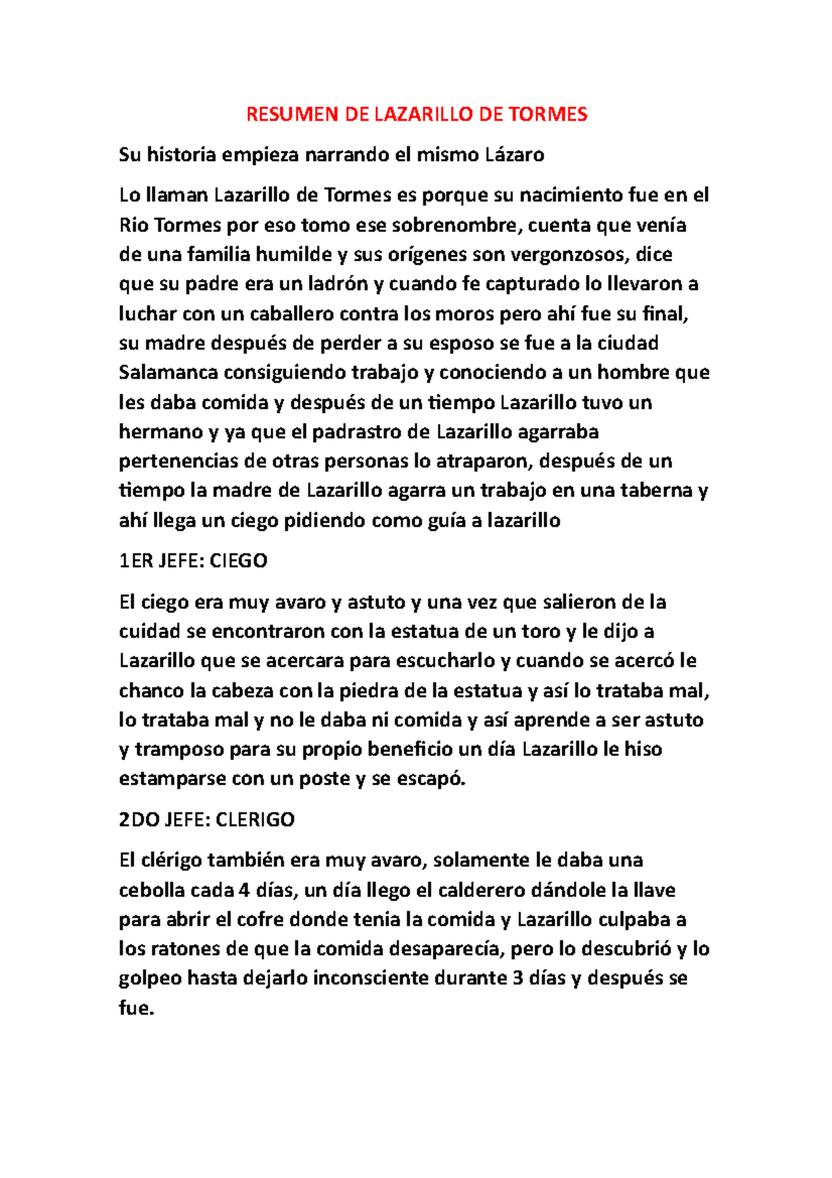 Resumen DE Lazarillo DE Tormes - RESUMEN DE LAZARILLO DE TORMES Su ...