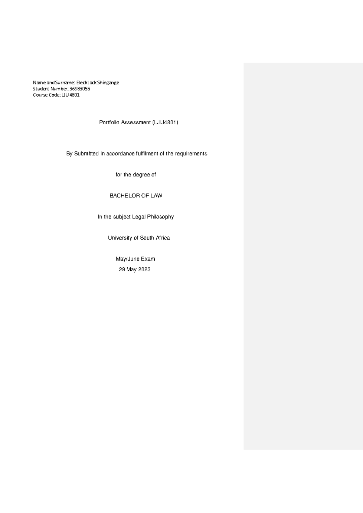LJU 4801 Portfolio EXAM MAY - JUNE 2023 - Student Number: 36983055 ...