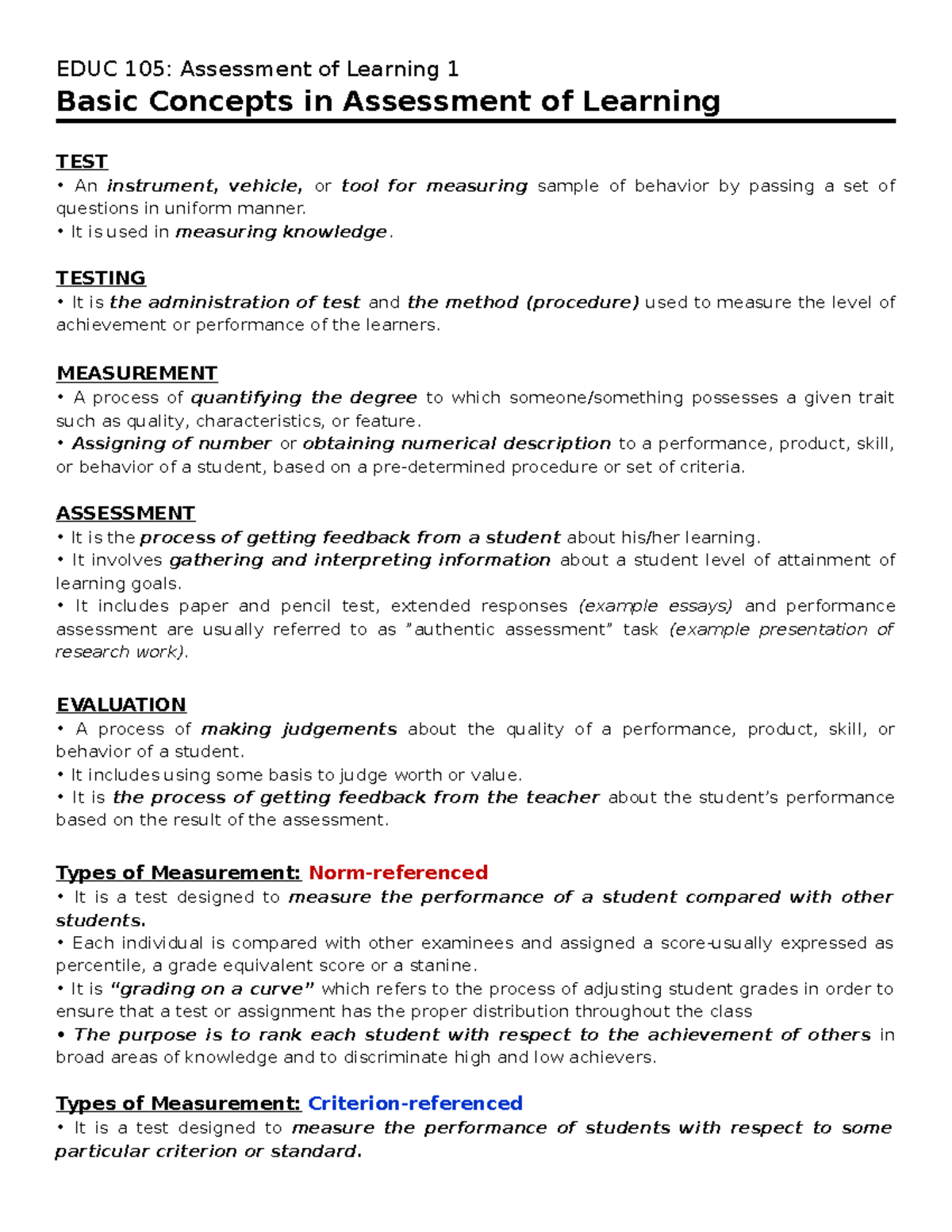 EDUC105 1st Exam - EDUC 105: Assessment of Learning 1 - EDUC 105: Assessment of Learning 1 Basic ...