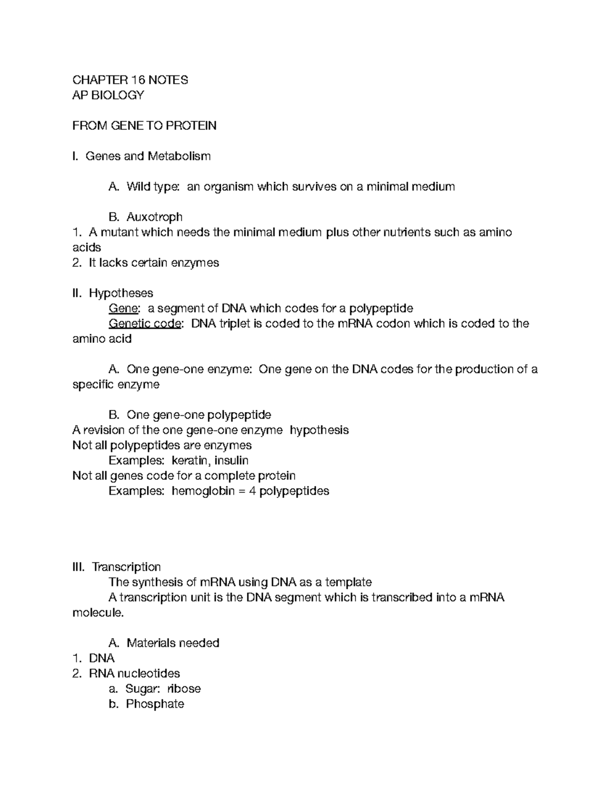chapter 16 notes: from gene to protein - CHAPTER 16 NOTES AP BIOLOGY ...