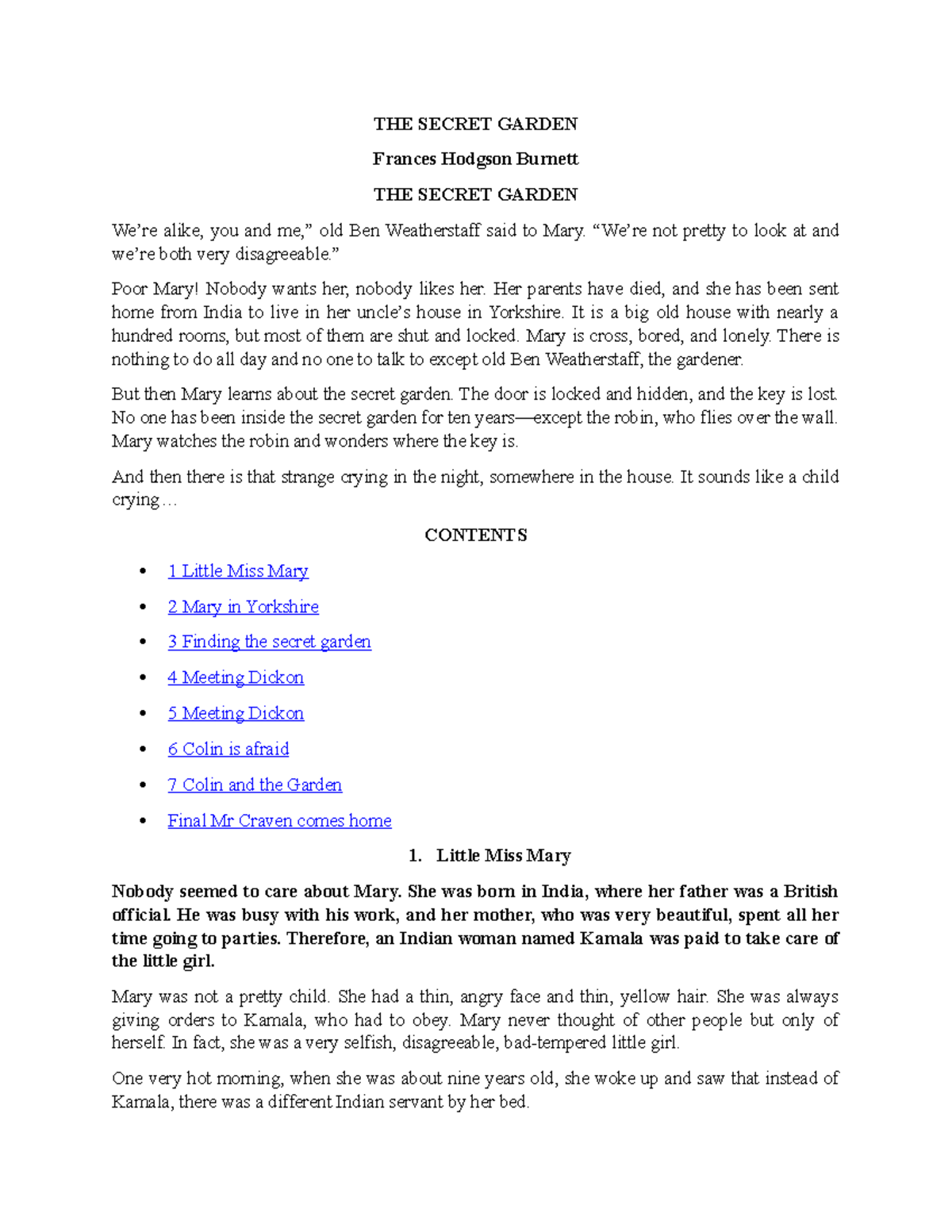 THE Secret Garden - For Grammer Mcqs or other - THE SECRET GARDEN ...