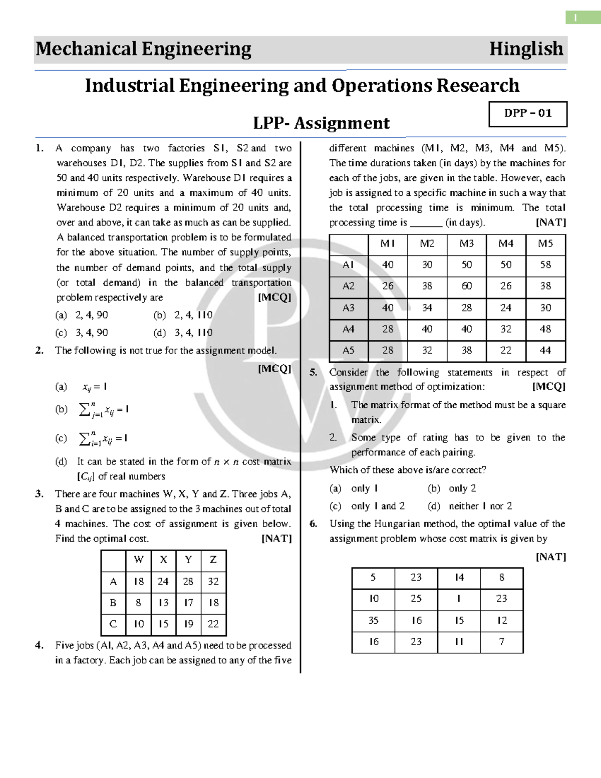 LPP - Assignment DPP 01 - hgyu - 1 Mechanical Engineering Hinglish Industrial Engineering and ...
