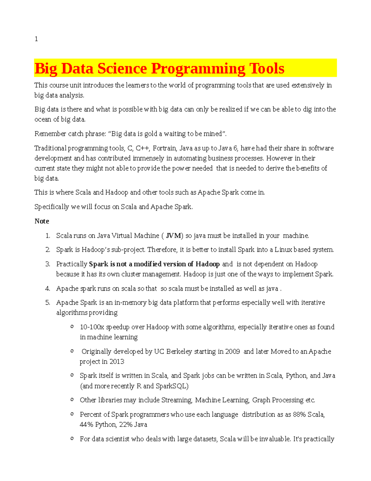 Introduction Data Science Programming Handout Set 1A - Big Data Science Programming Tools This ...