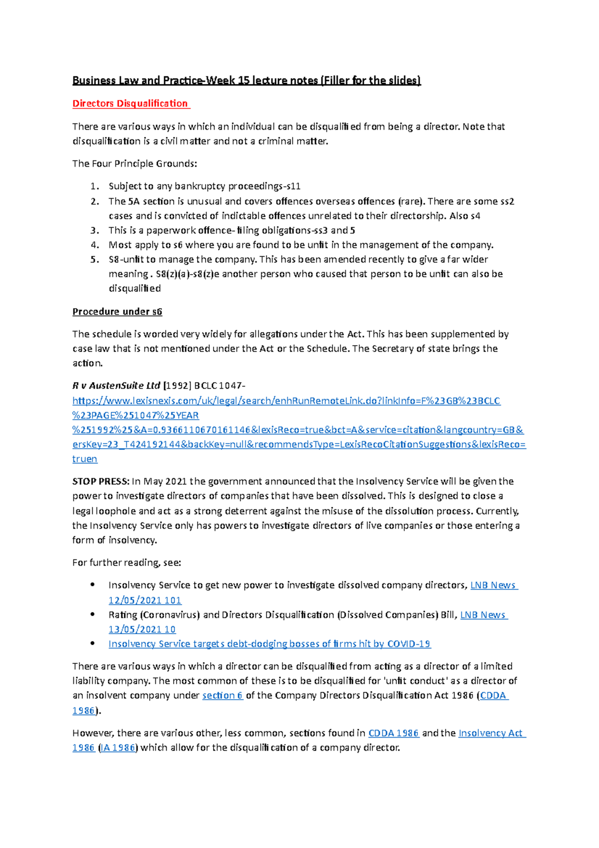 Week 15 Lecture notes - As described in title - Business Law and ...