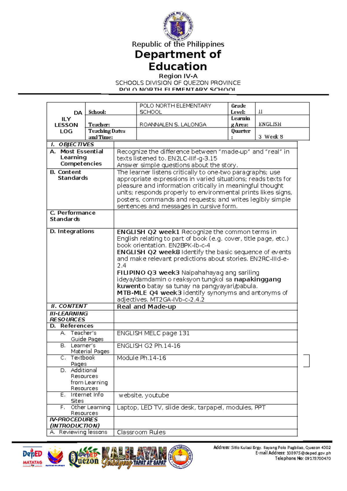 Inset 2024- training design - Address: Sitio Kulasi Brgy. Ilayang Polo ...